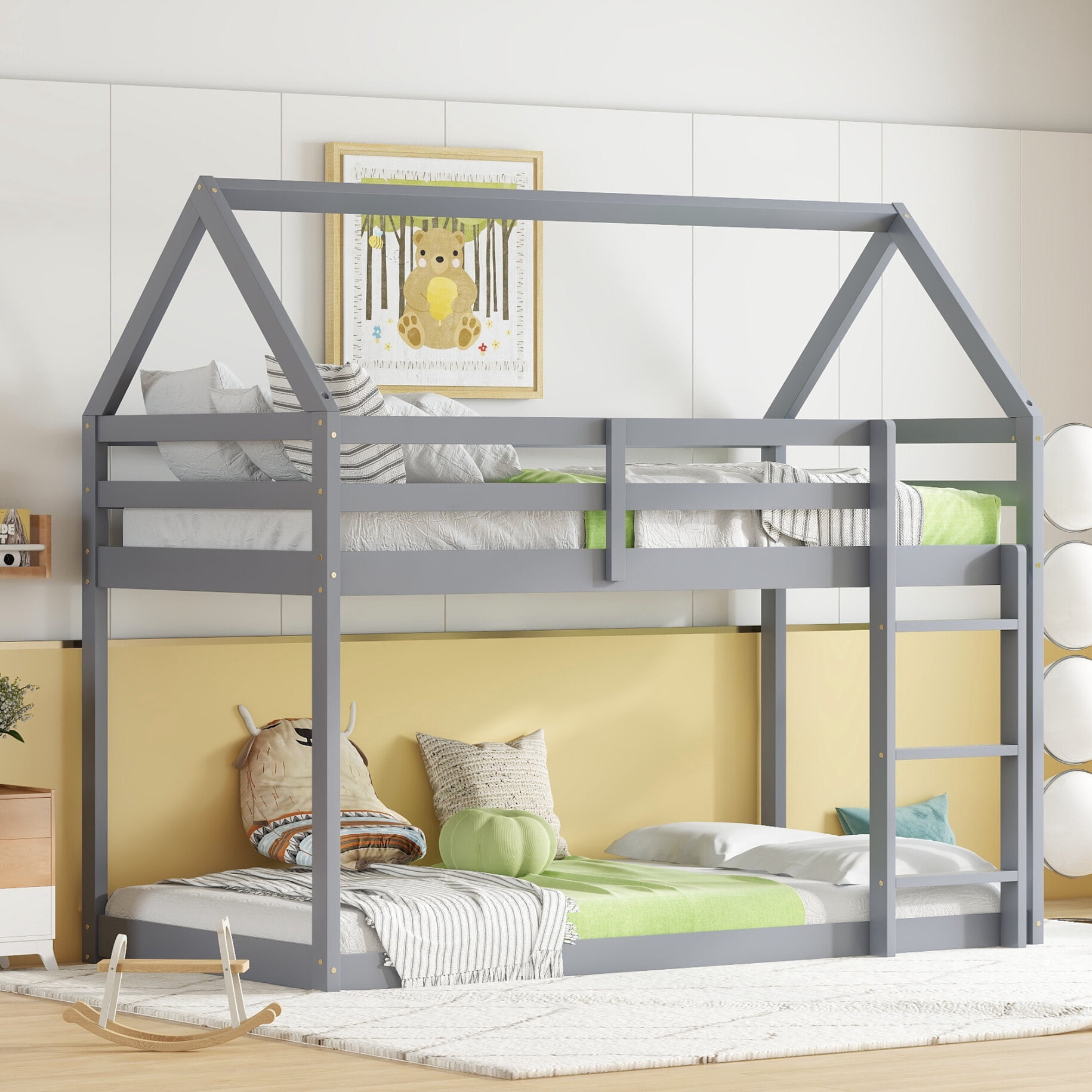 Twin Bunk Bed, Twin over Twin Rubber Wood Floor Bunk Bed with Ladder ...