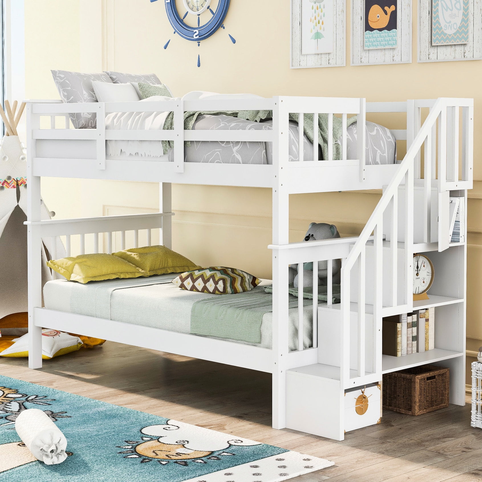 Twin Bunk Bed with Staircase and Storage / Easy Access to Top Bunk with ...