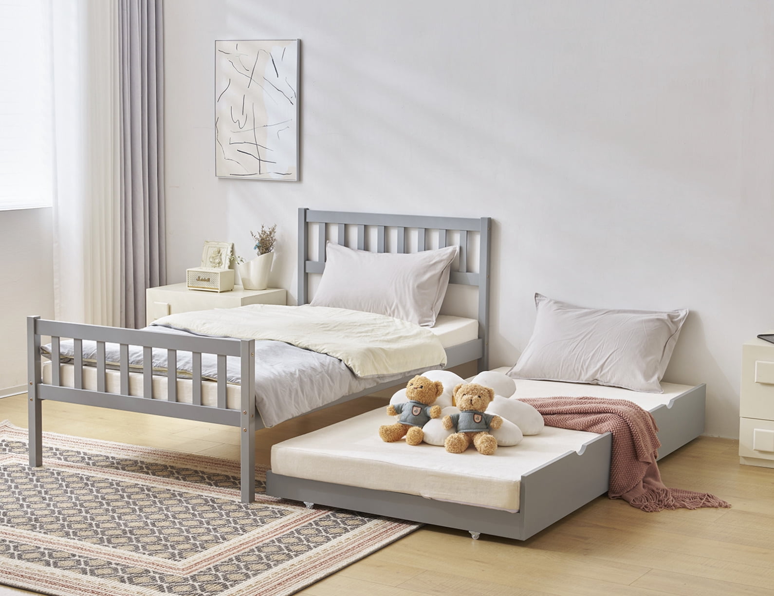 Twin Bunk Bed with Trundle,Single Bunk Bed with Drag Bed, Twin Wooden ...
