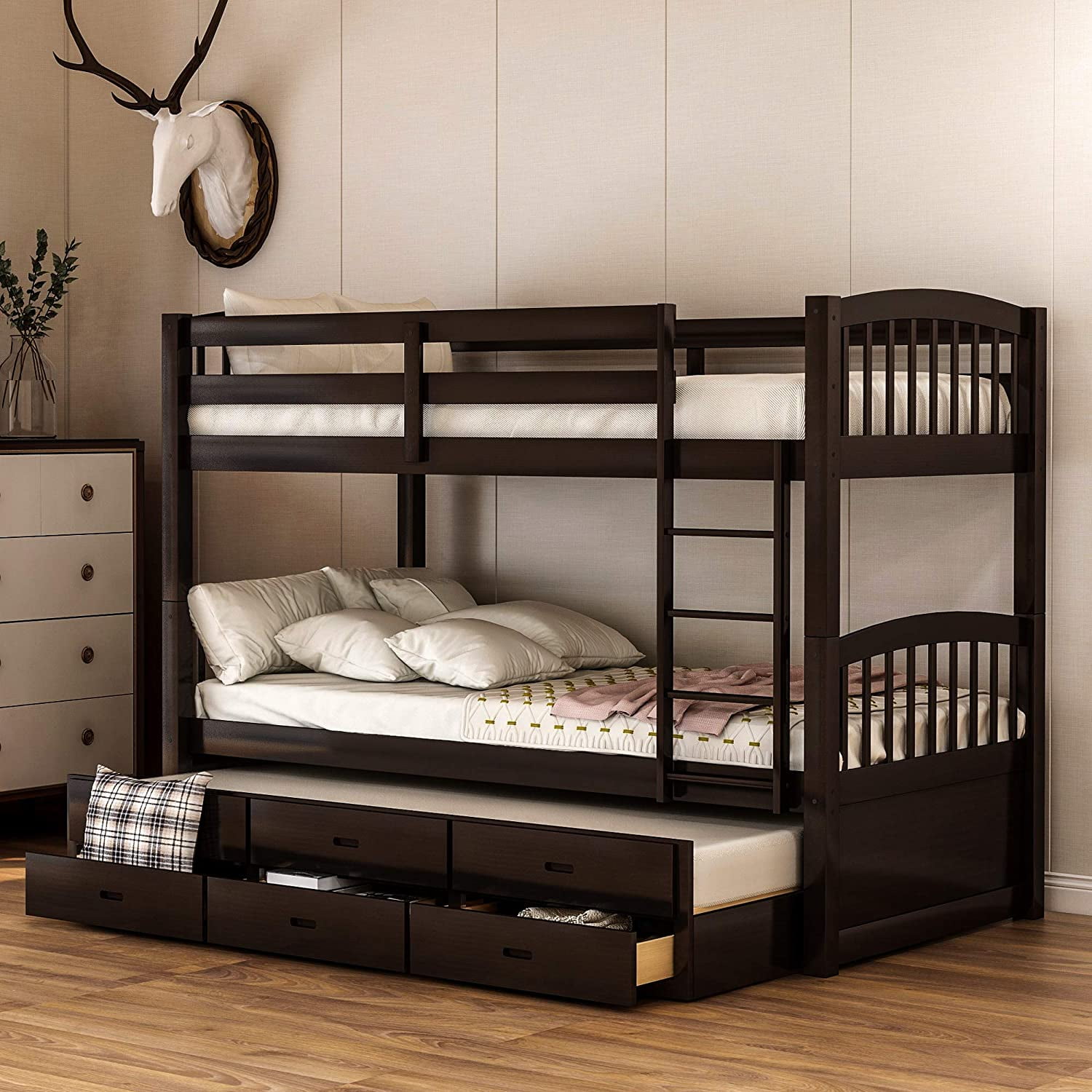 Twin Bunk Bed with Trundle, Wood Twin Over Twin Bunk Bed Frame with ...