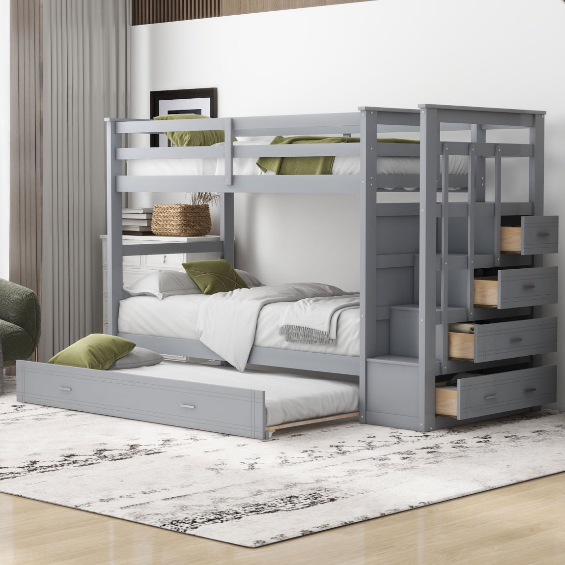 Twin over Twin Bunk Beds with Trundle and Staircase, Multi-functional ...