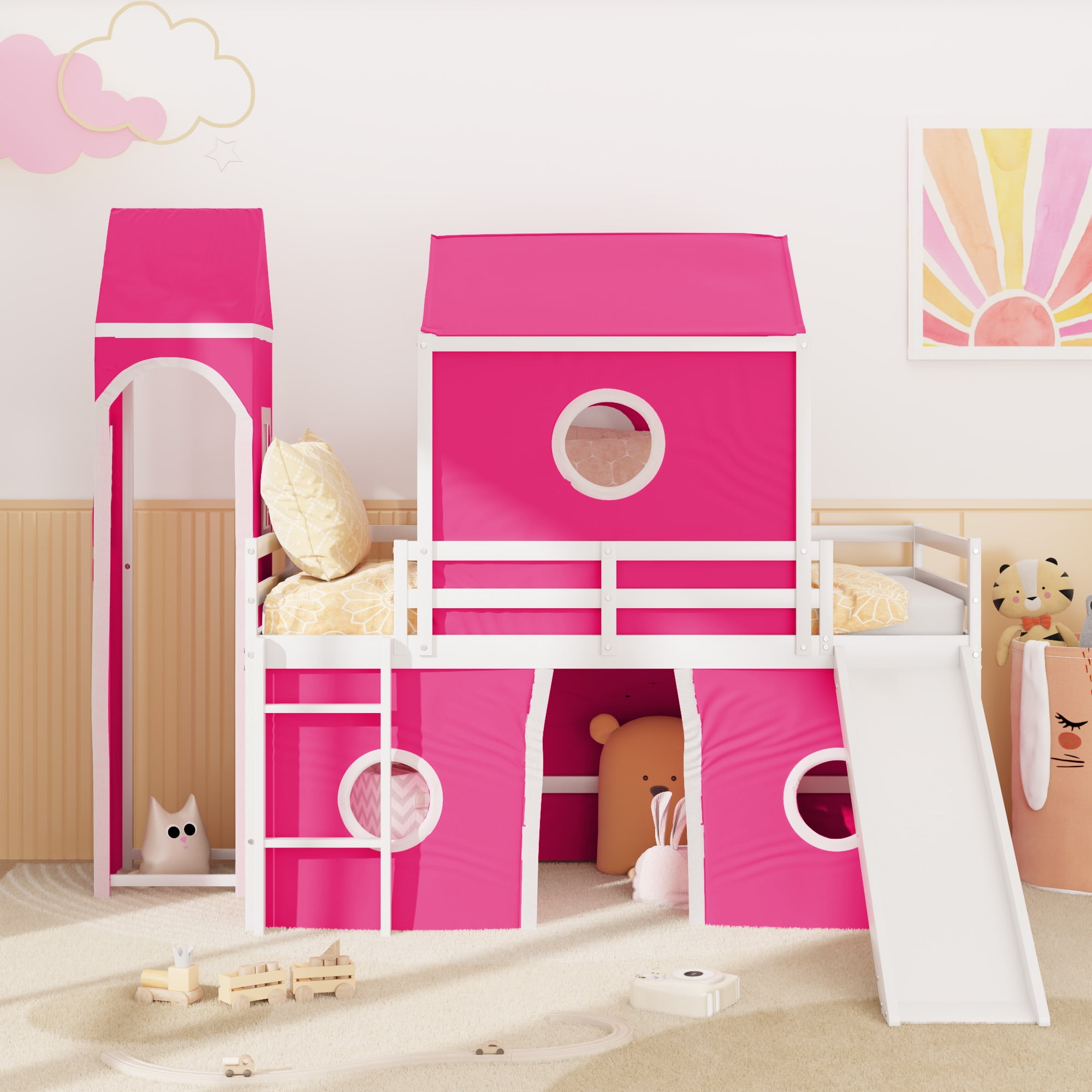 Twin Castle Loft Bed – 220LB Capacity – 3 Tower Positions – Solid Pine ...