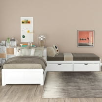 L-shaped Platform Bed with Trundle and Drawers Linked with built-in ...