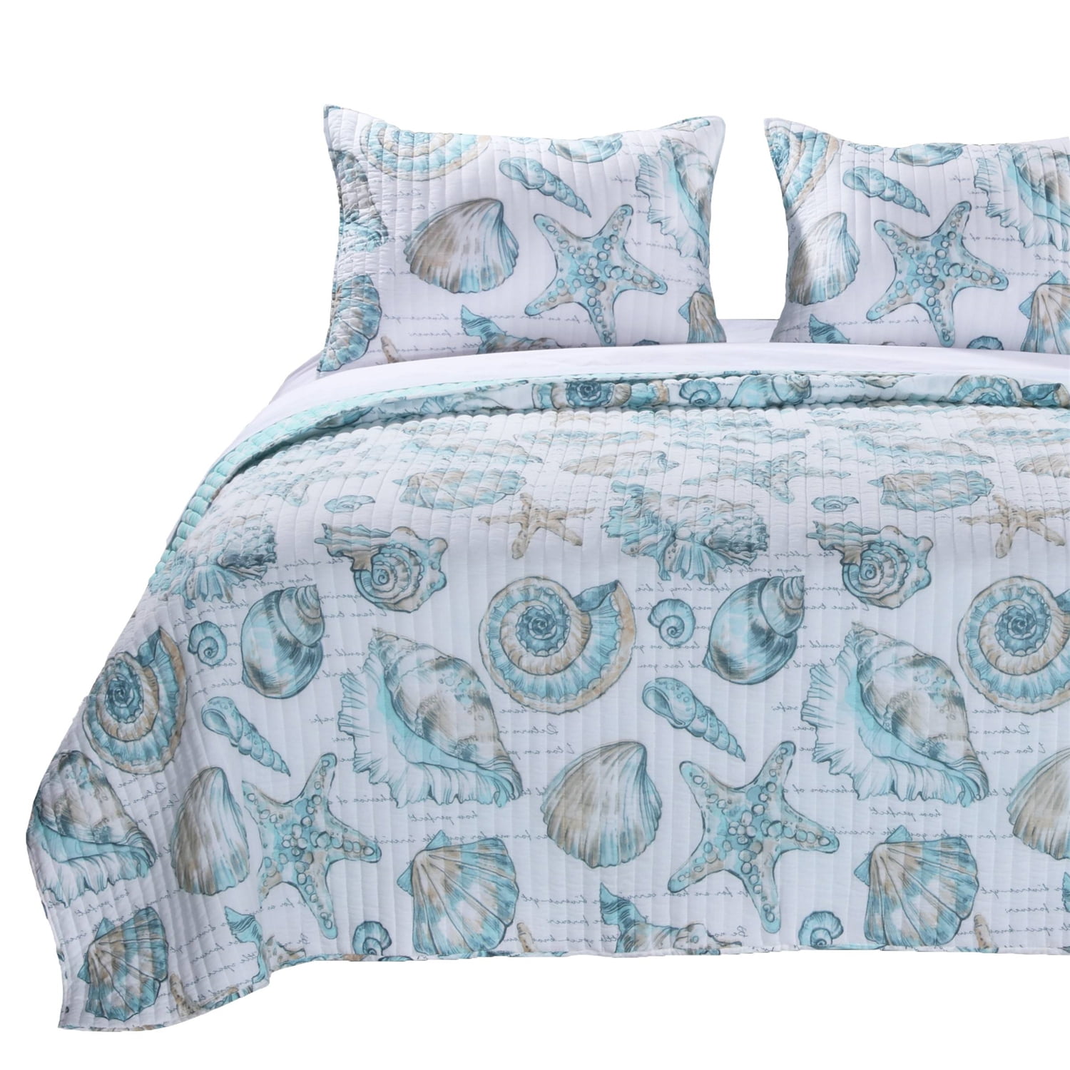 Twin Coastal Seashells White Teal 2 Piece Polyester Reversible Quilt ...