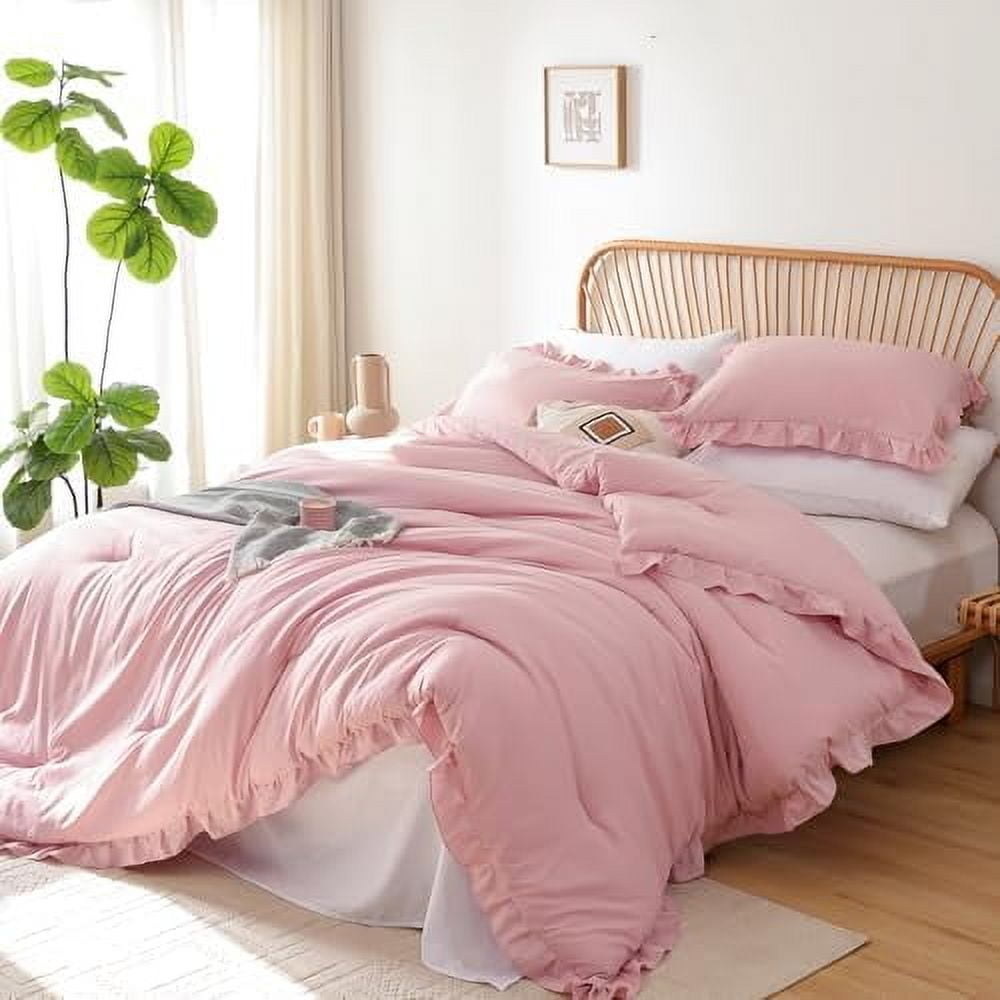 Twin Comforter Set Baby Pink Ruffle Comforter with 1 Pillowcase Soft ...