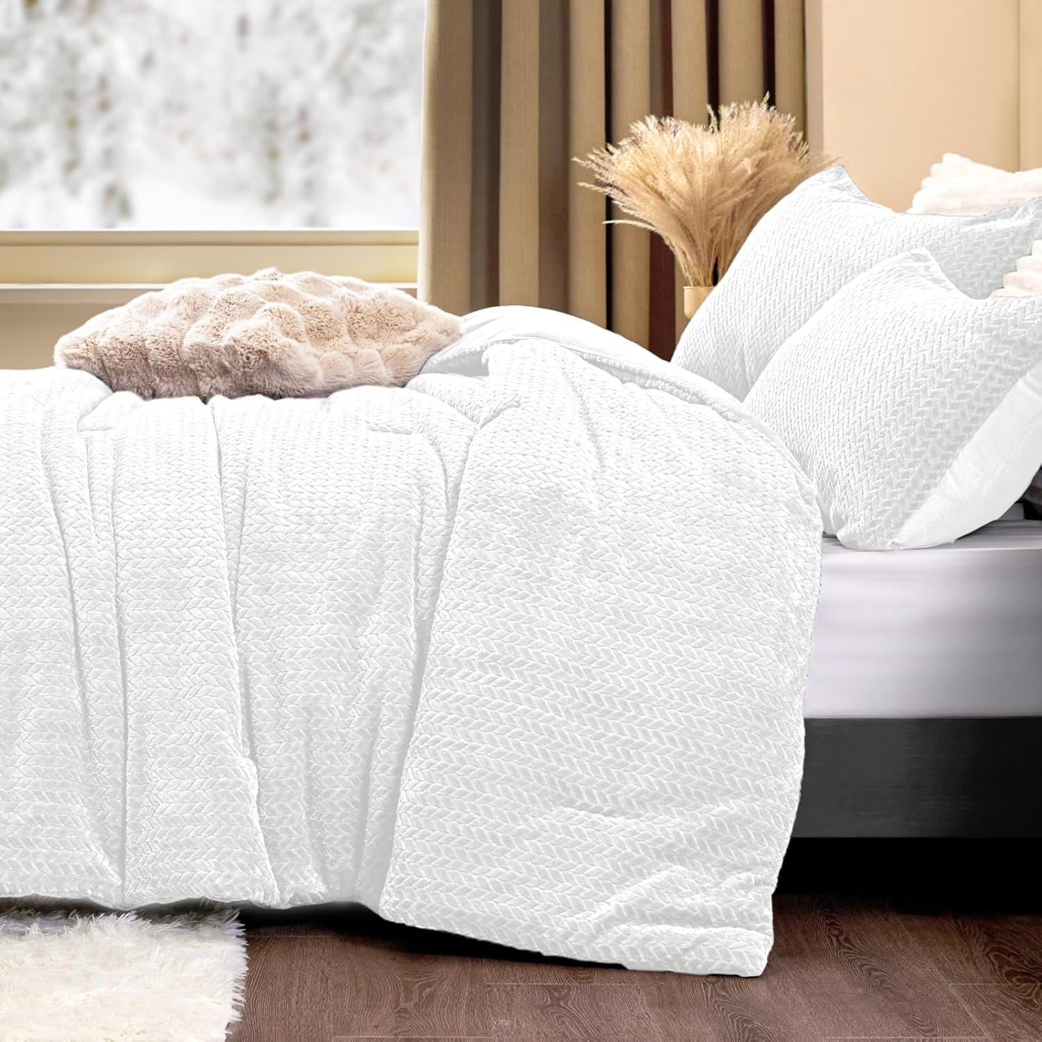 Twin Comforter Set - Furry White Leaves Pattern Faux Fur Bed Set ...