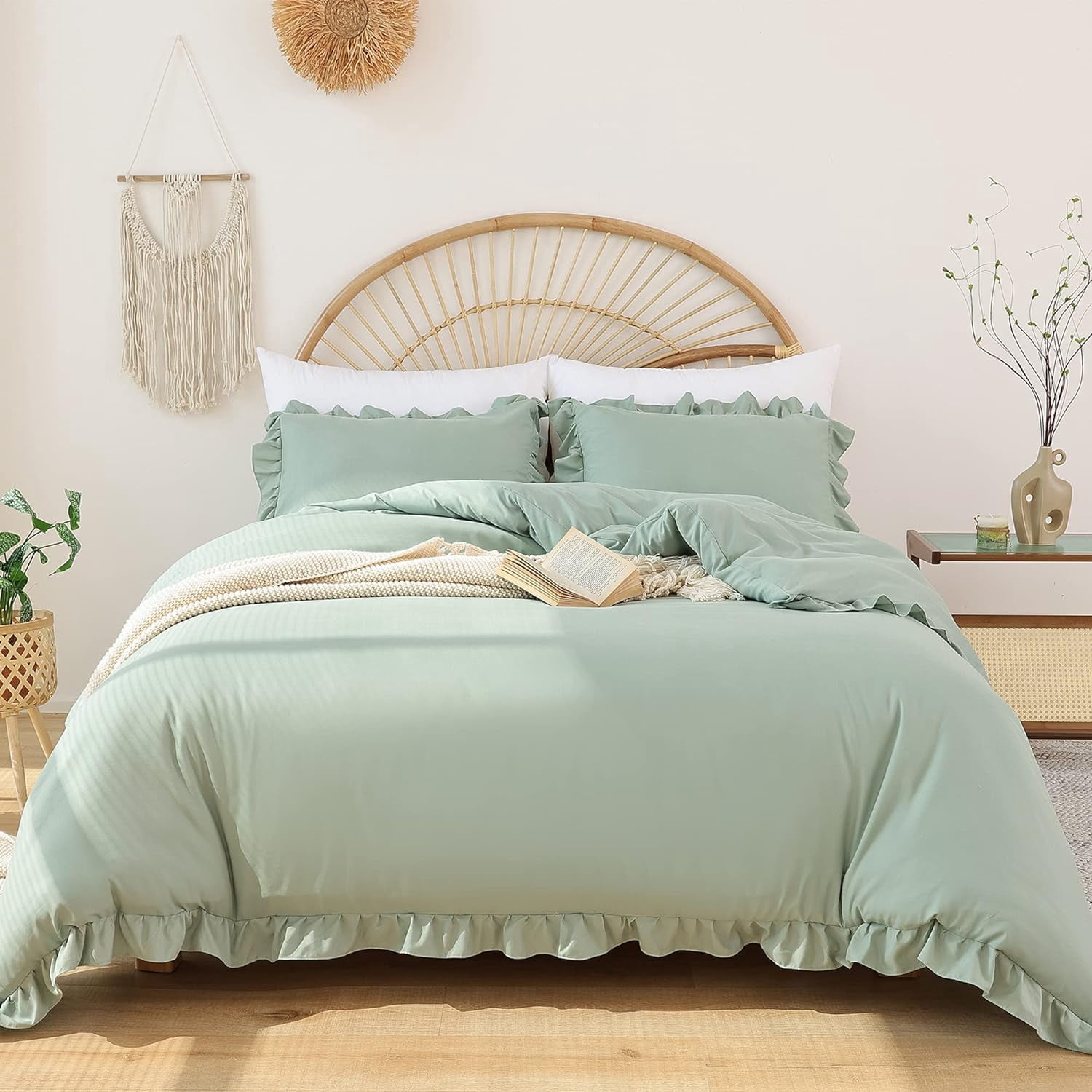 Twin Comforter Set Sage Green Comforter Set 2PCS Ruffled and 1 Pillow ...