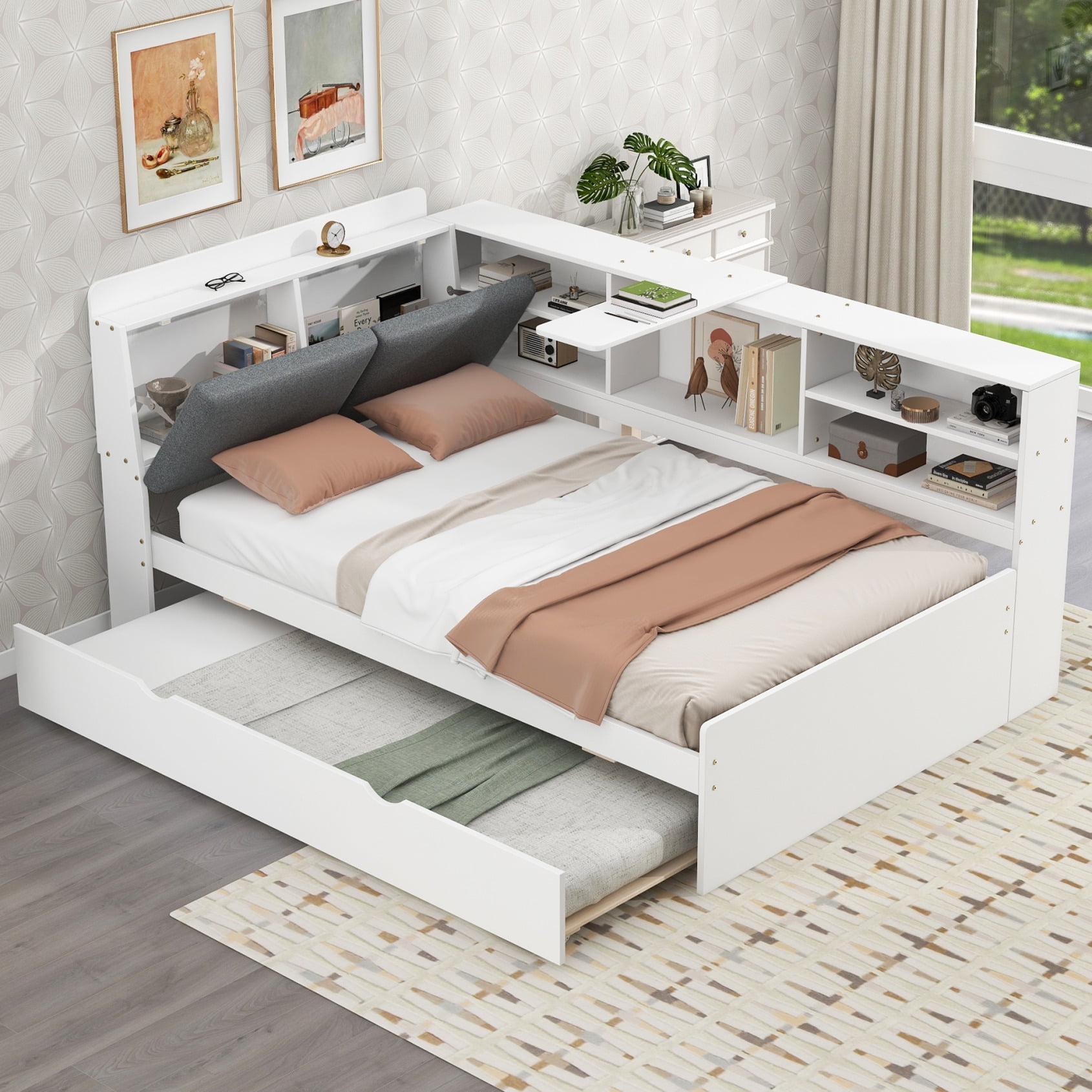 Twin Corner Bed Frame with Storage Bookcase, Twin Daybed with Trundle ...