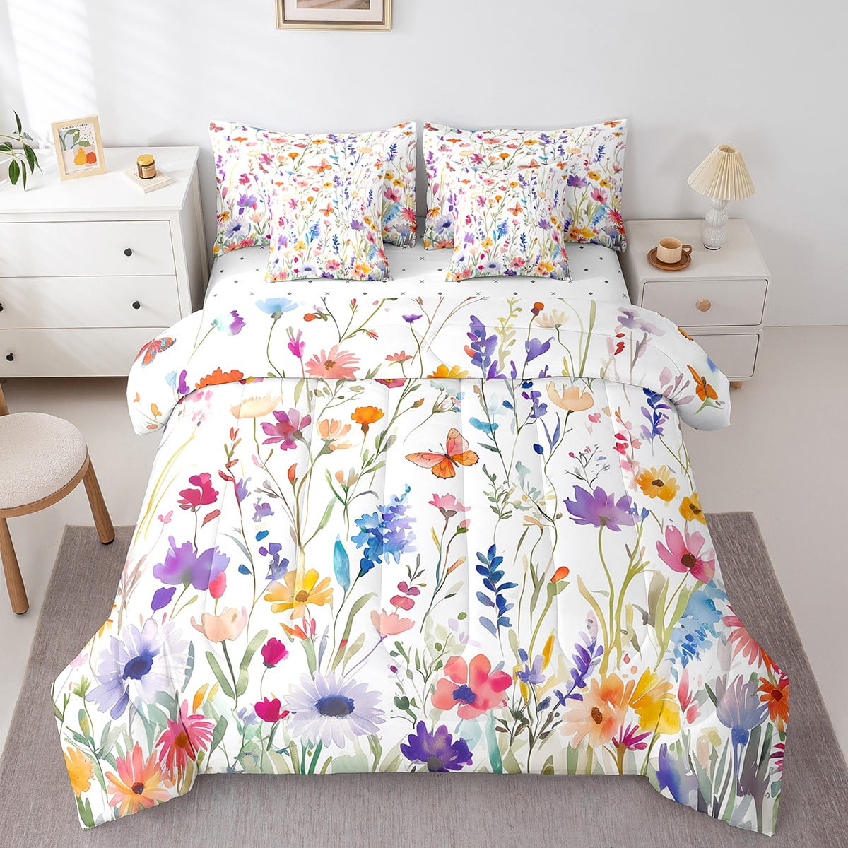 Twin Daisy Floral Comforter Sets 7-Piece,Butterfly Bedding Set with ...