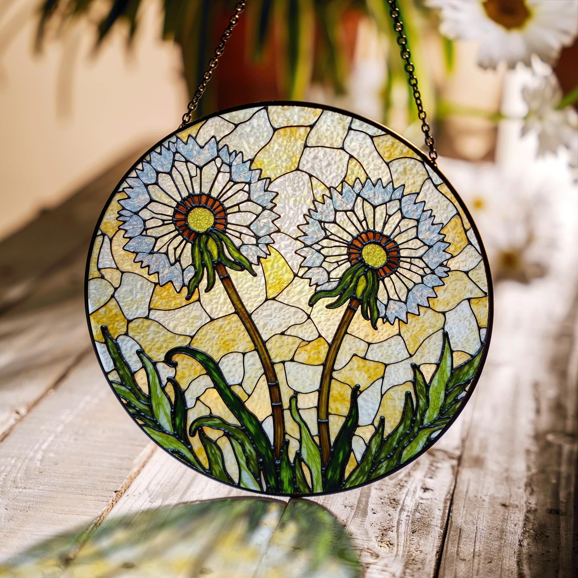 Twin Dandelion Bloom Round Stained Glass Style Suncatcher, Cheerful ...