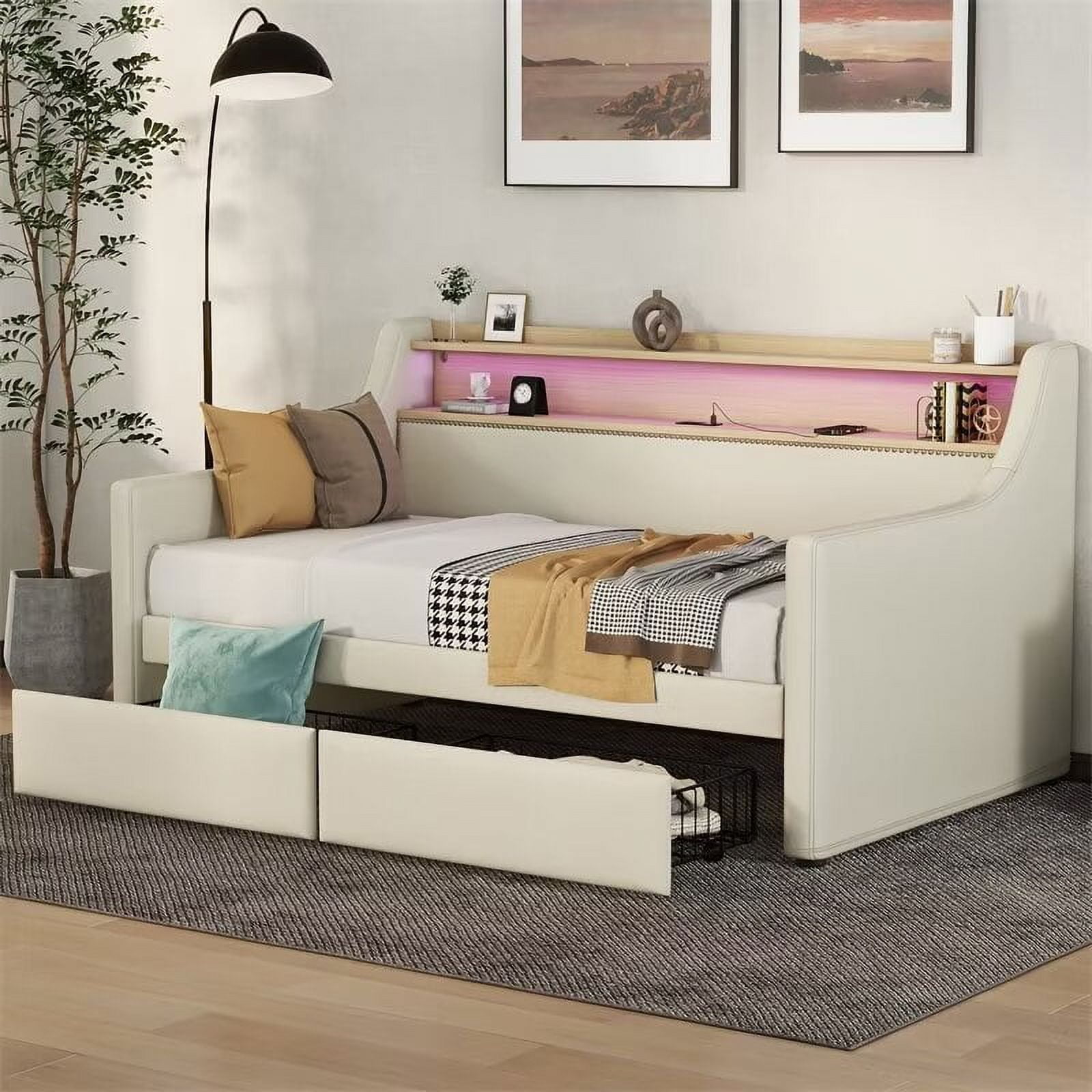 Twin Daybed with 2 Storage Drawers, Linen Upholstered Daybed with ...