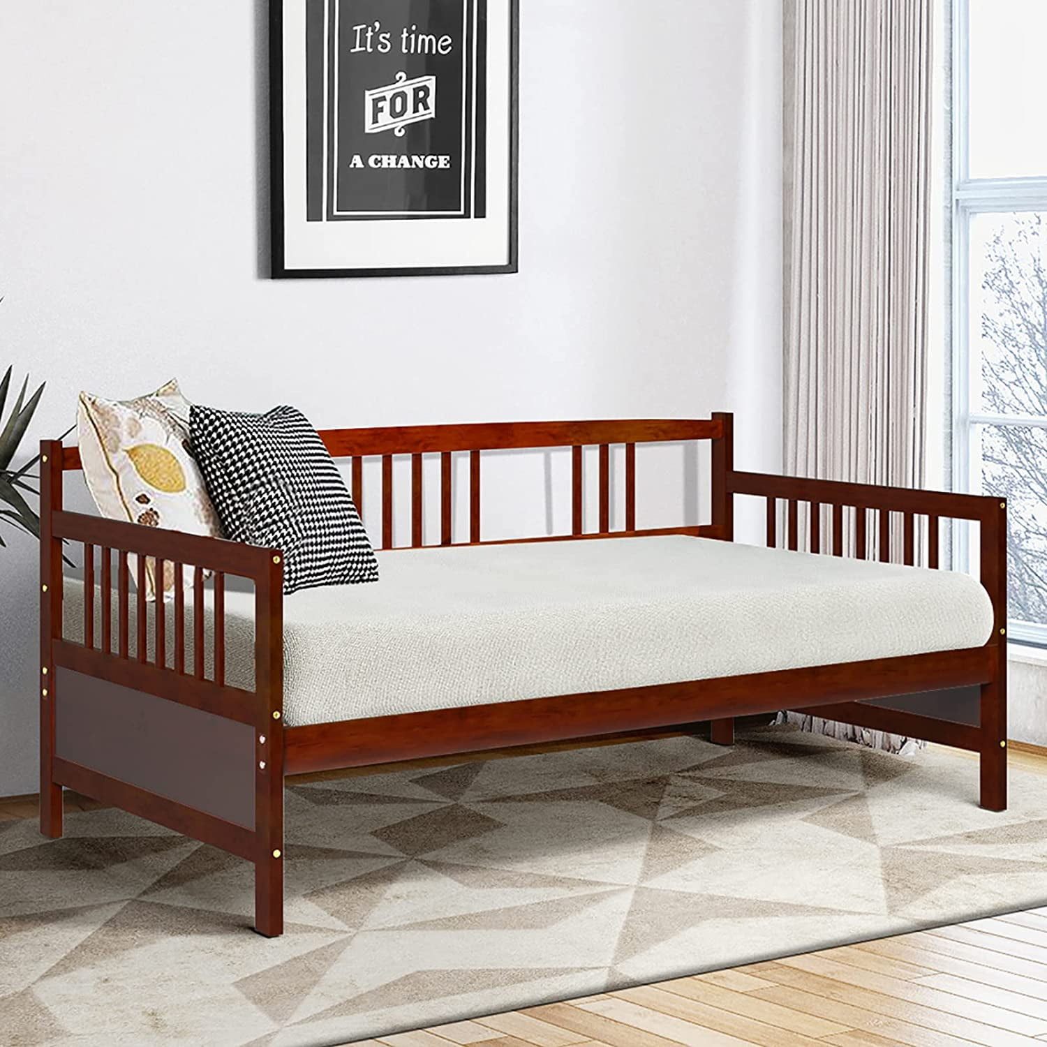 Twin Daybed Frame, Wooden Sofa Bed Guest Bed with Rails, Platform Bed ...