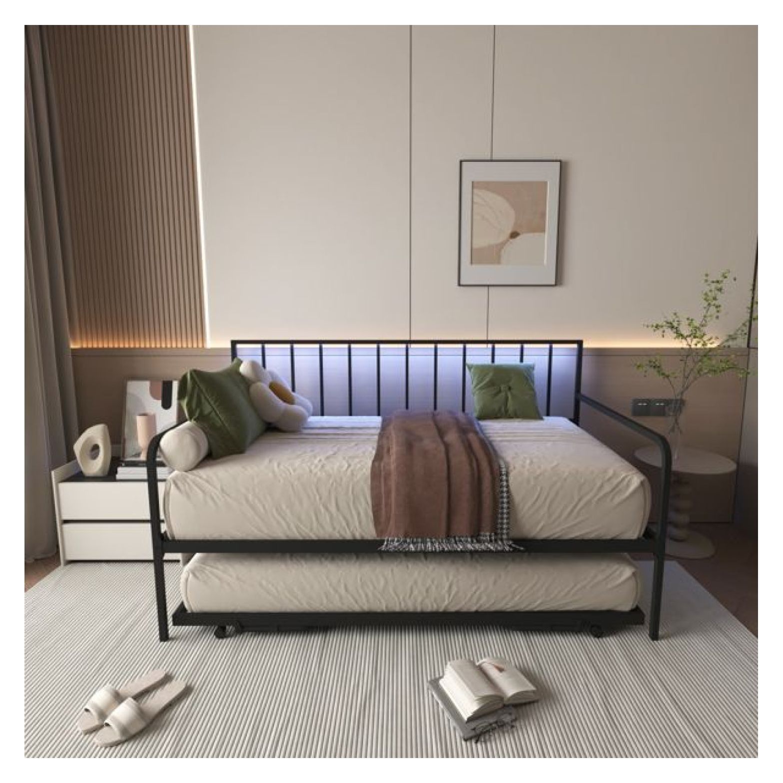 Twin Daybed with LED Lights & Trundle - Height Adjustable Metal Day Bed ...