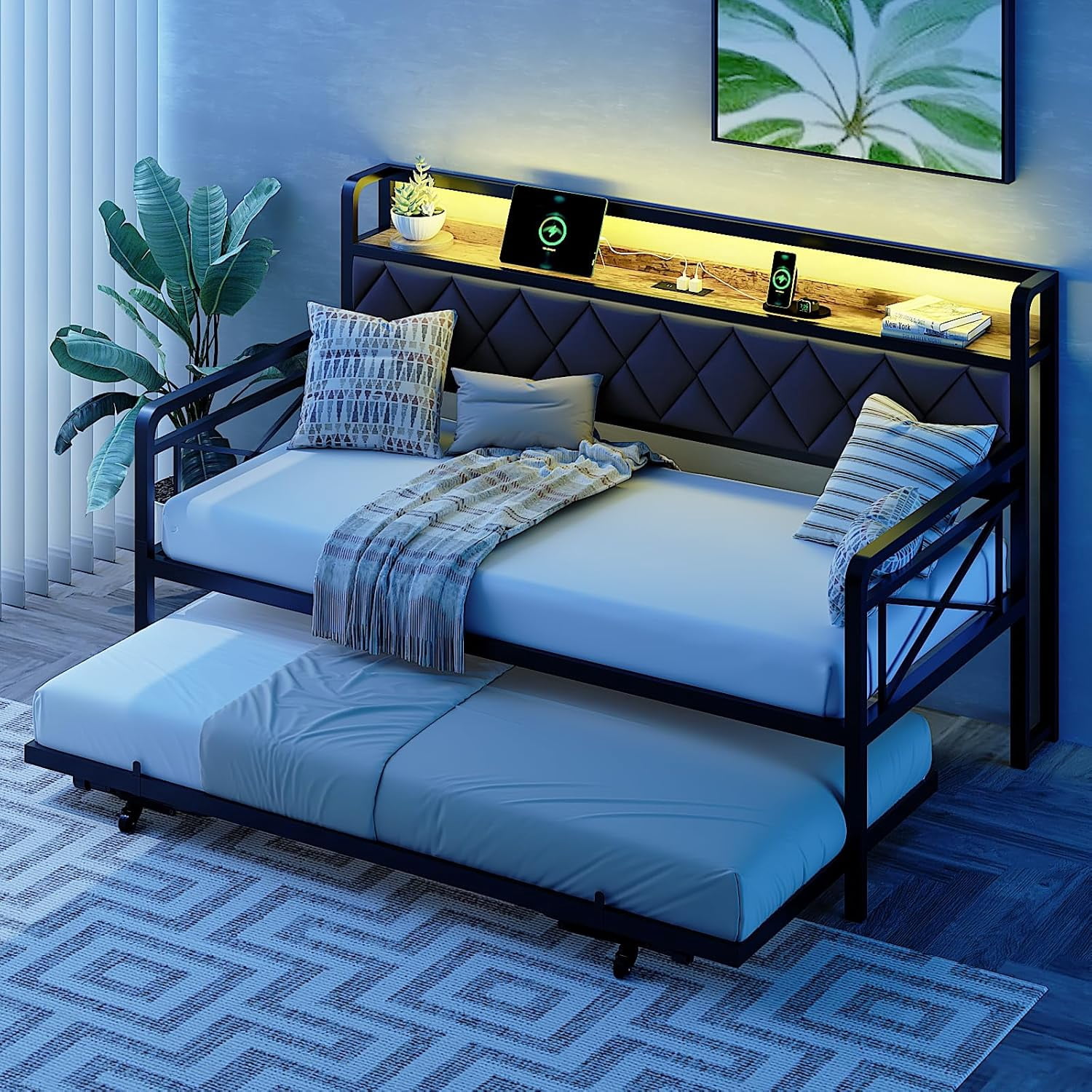 Twin Daybed with Pop-up Trundle Bed, Day Bed with LED Light & Charing ...