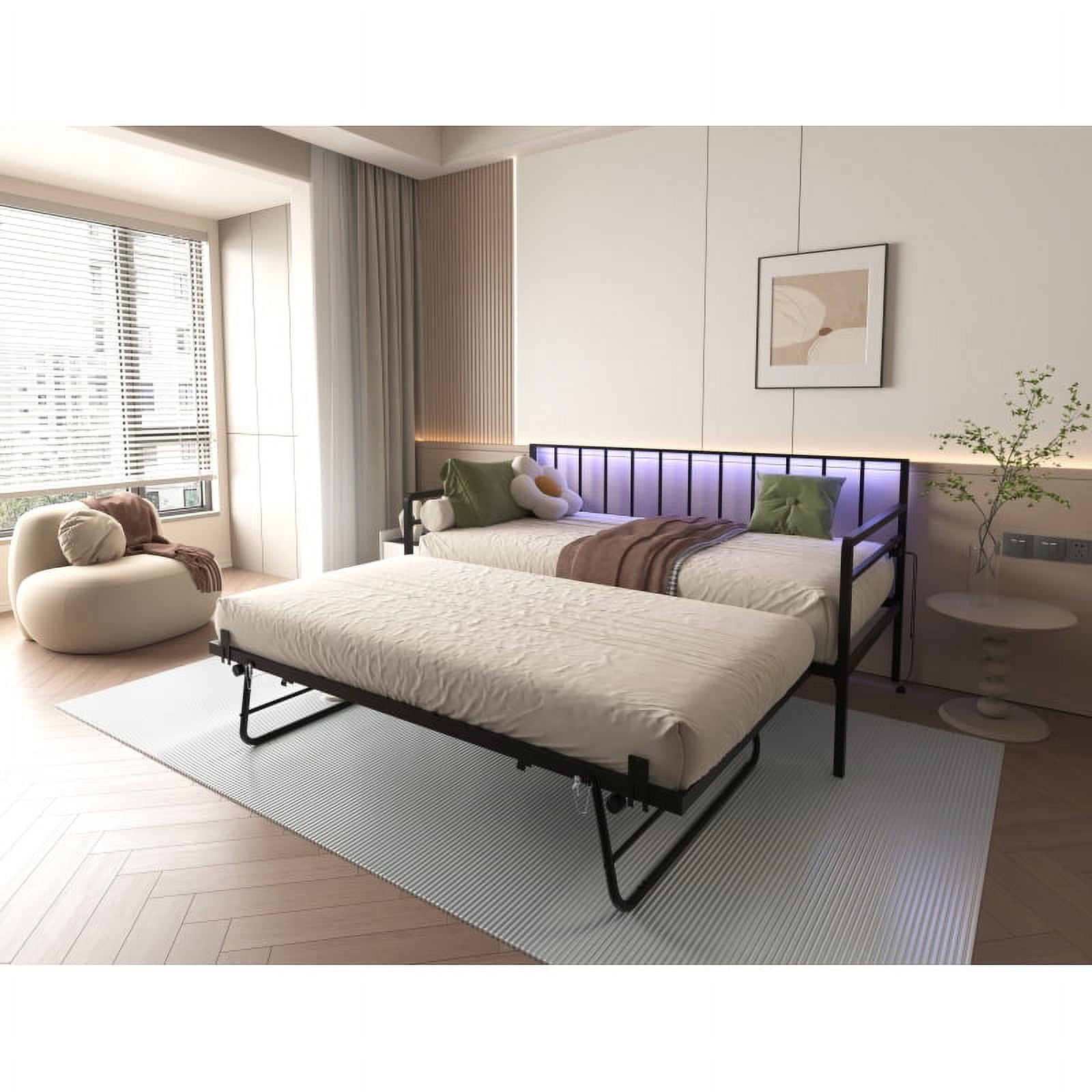 Twin Daybed with RGB LED Lights & Charging Station, Height Adjustable ...