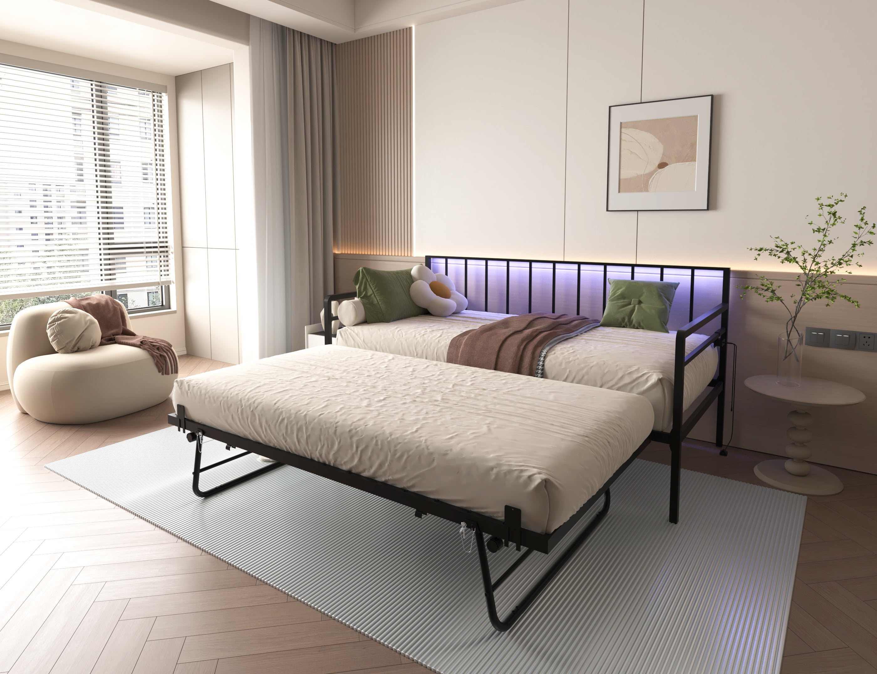 Black Metal Twin Daybed with Rgb Led Lights & Usb Charging Station ...