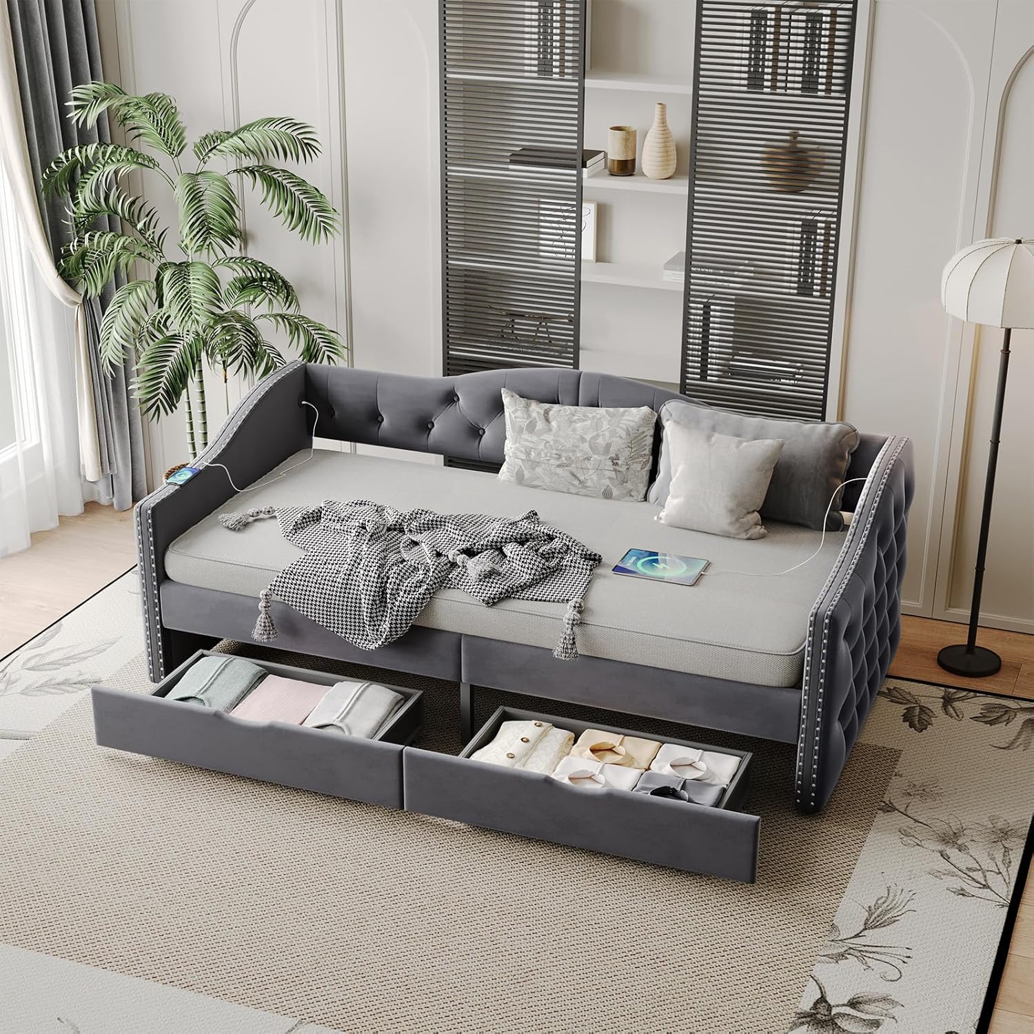 Twin Daybed with Storage, Button Tufted Velvet Daybed Frame w/ USB ...