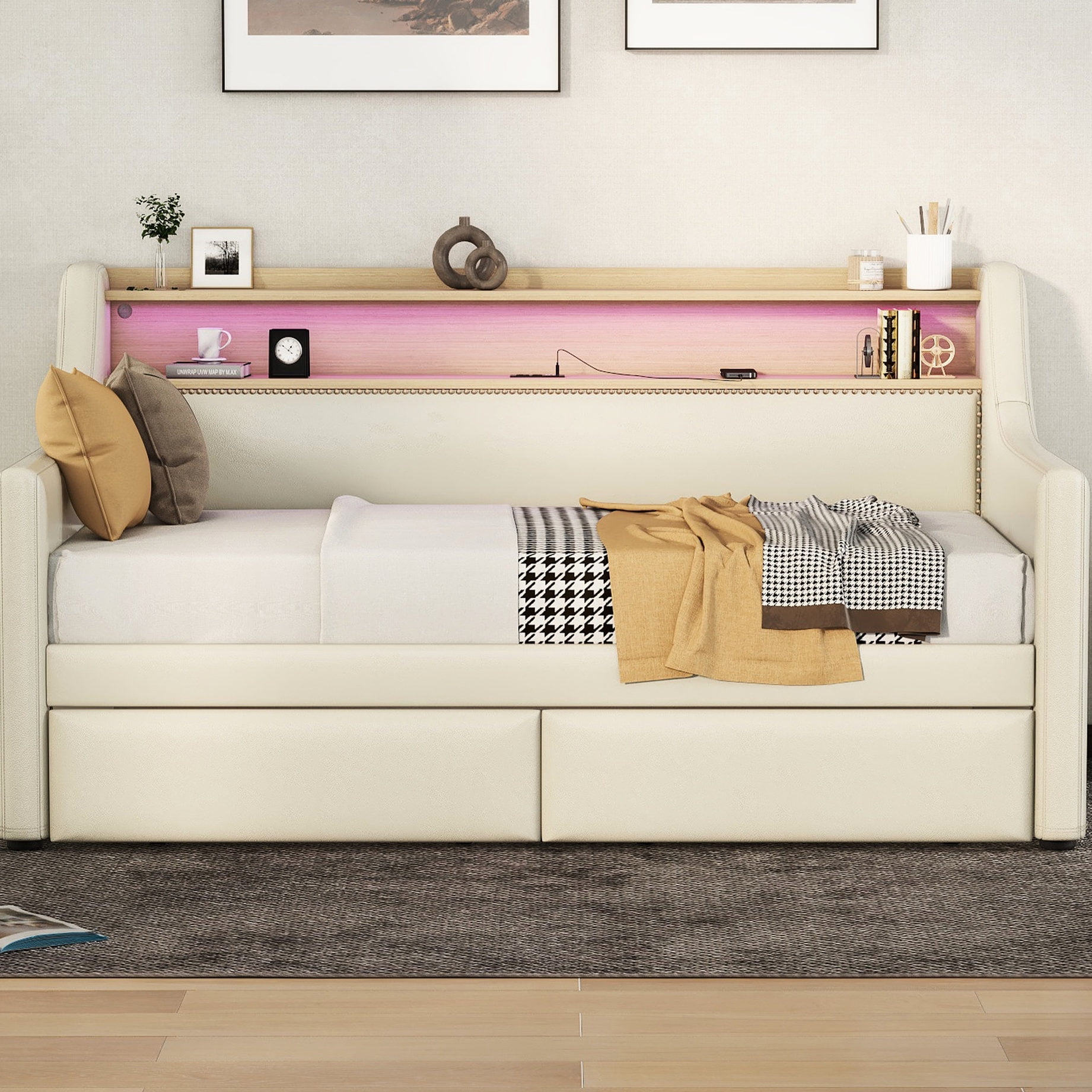 Twin Daybed With Storage Drawers And Charging Ports, Beige Upholstery ...