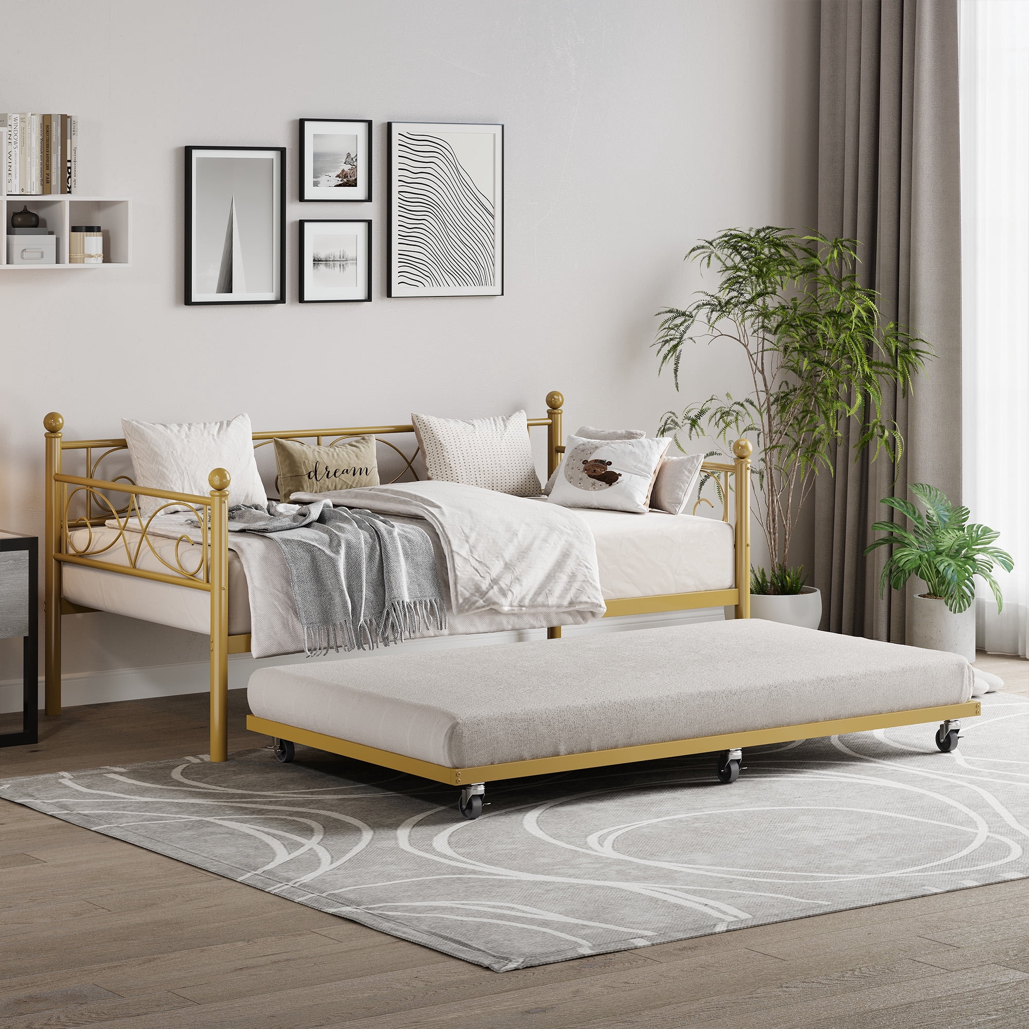 Twin Daybed with Trundle Bed, Space-Saving Metal Day Bed Frame with ...