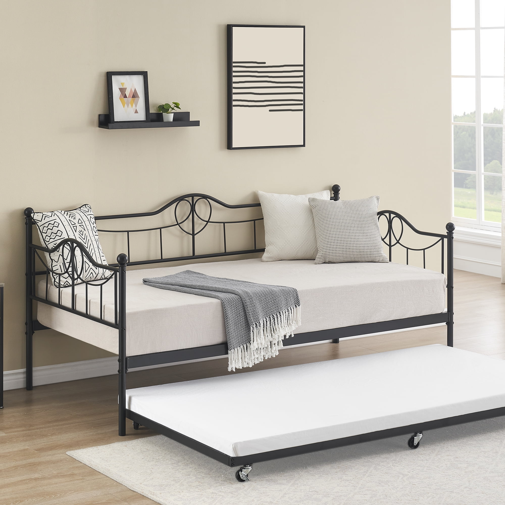 Twin Daybed with Trundle Metal Guest Bed Frame Strong and Sturdy No Box ...