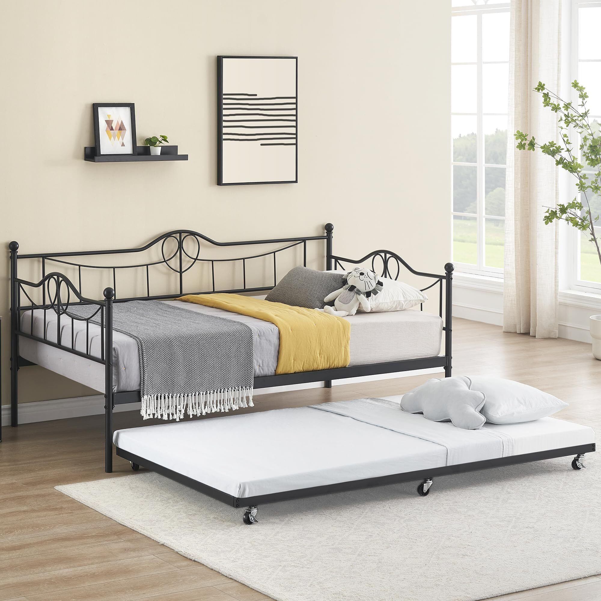 Twin Daybed with Trundle, Modern Pull Out Day Bed Frame with Vintage ...