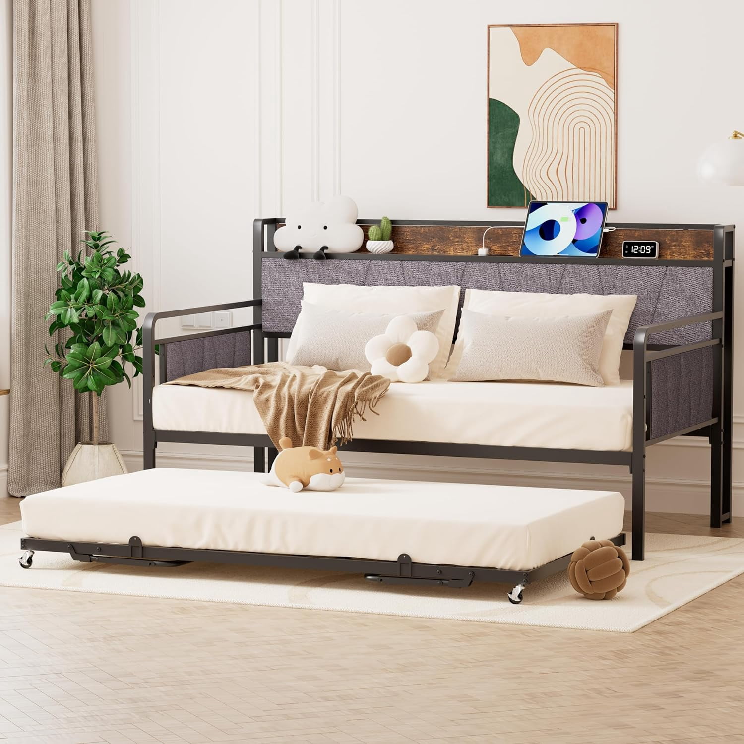 Twin Daybed with Trundle, Modern Twin Size Sofa Day Bed, Sturdy Metal ...