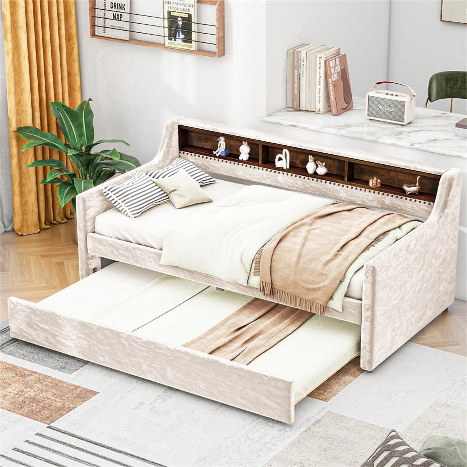 Twin Daybed with Trundle, Snowflake Velvet Upholstered Daybed Frame ...