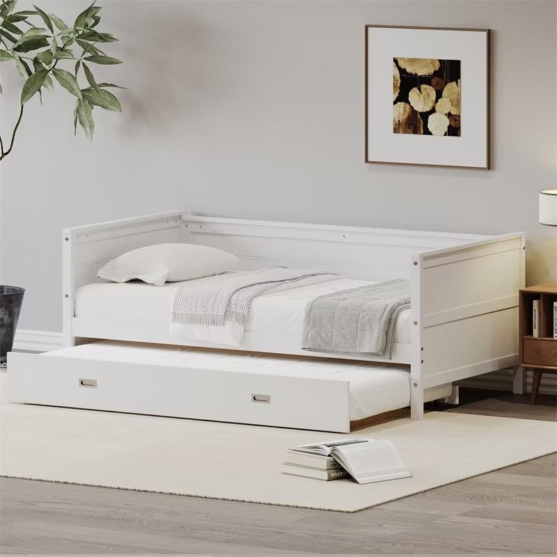 Twin Daybed with Trundle, Solid Wood Daybed Frame with Armrest and ...