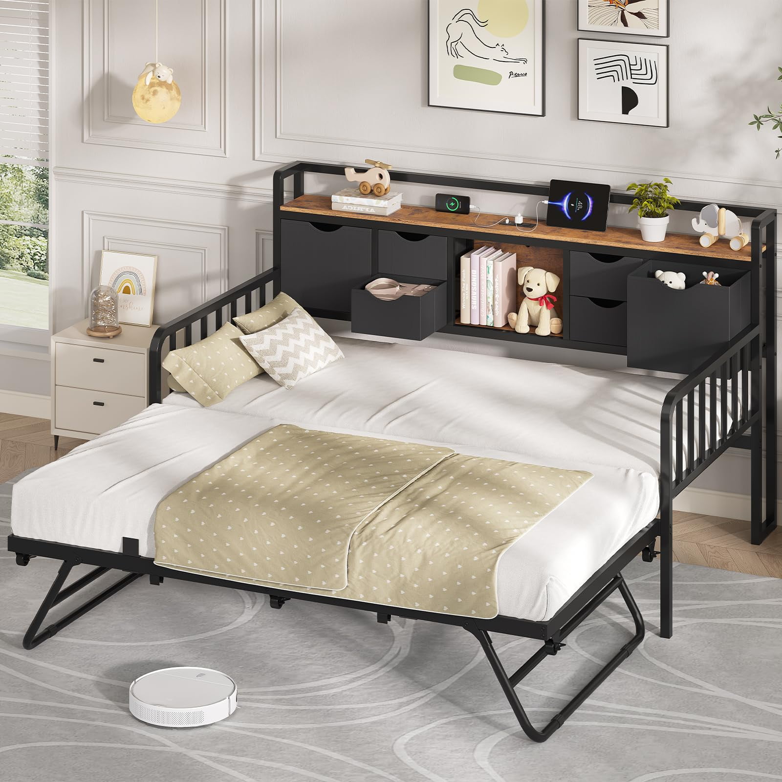 Twin Daybed with Trundle, Twin Day Bed with Storage Headboard, Sofa Bed ...