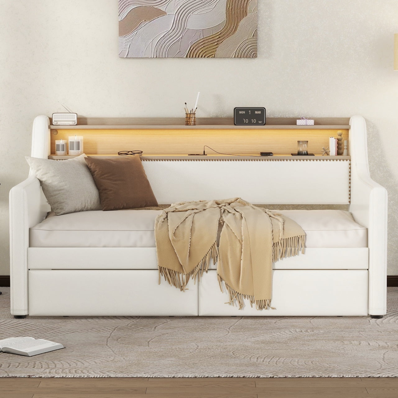Twin Daybed, Upholstered Daybed with Drawers and Charging Station and ...