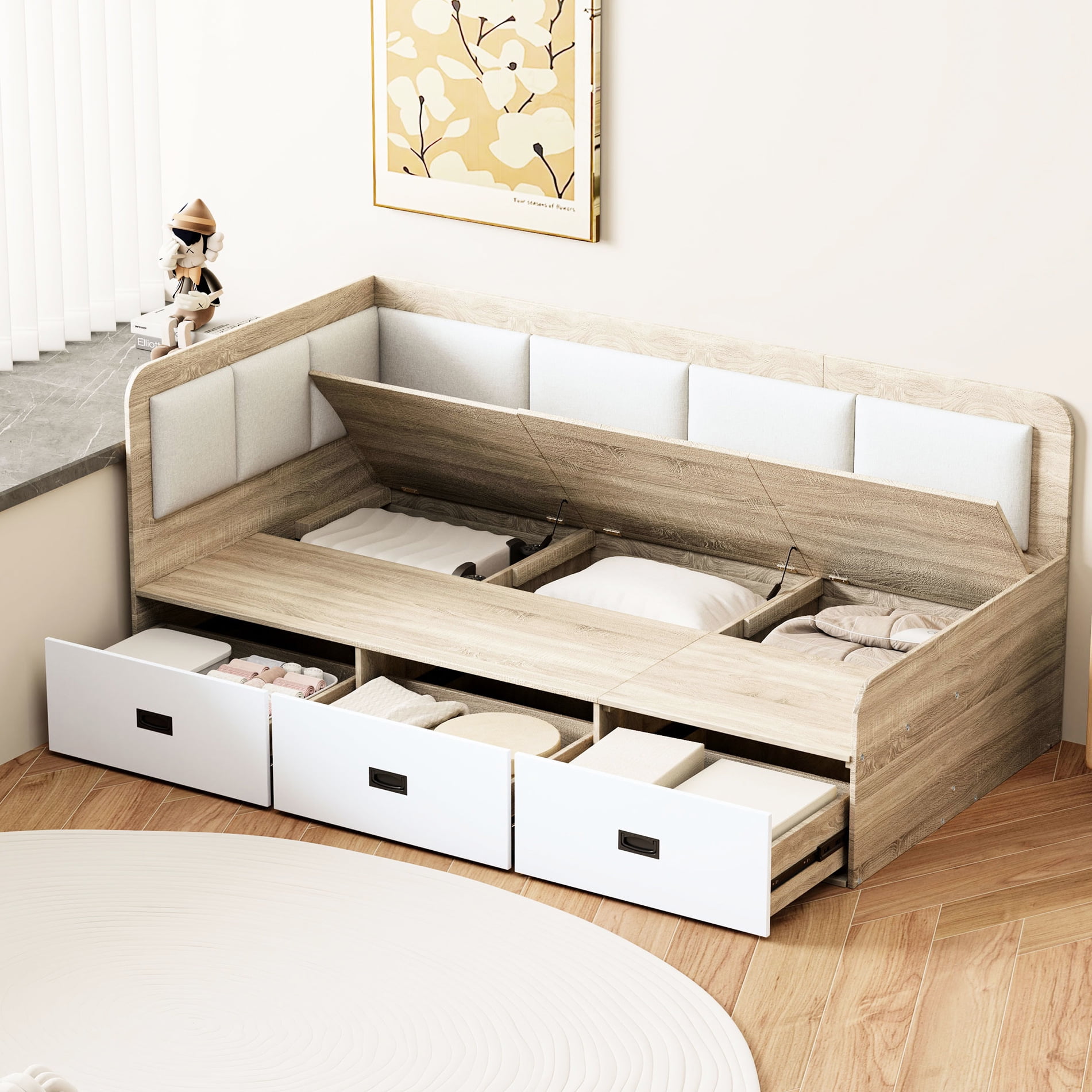 Twin Daybed With Functional Storage Areas - Convertible, Beige Color ...