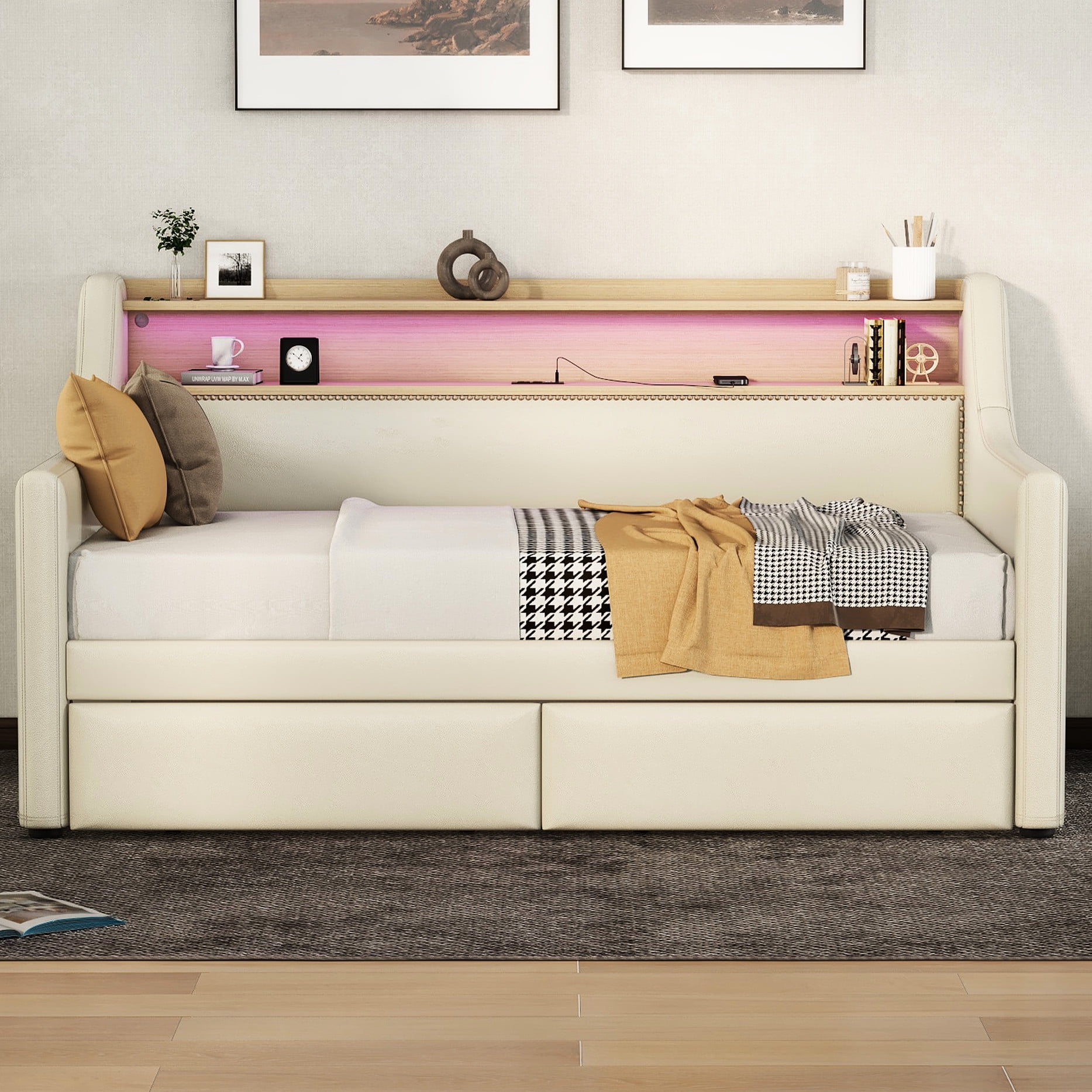 Twin Daybed With Storage And Charging Function, Upholstered In Beige ...