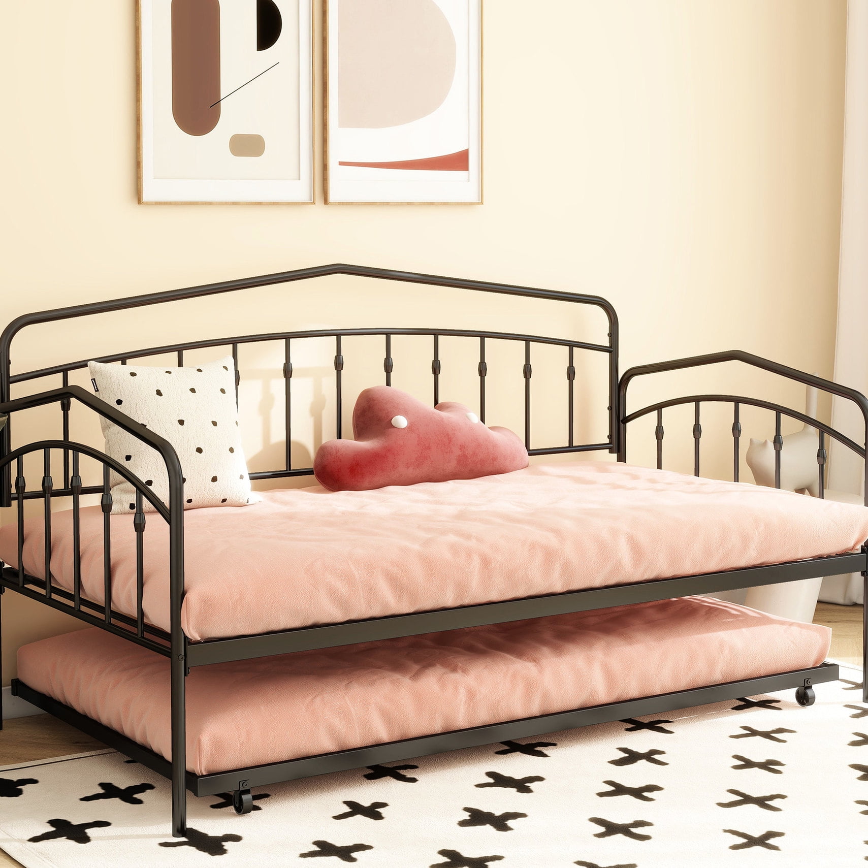 Twin Daybed with Trundle, Black Color | Elegant Style, Strong Support ...