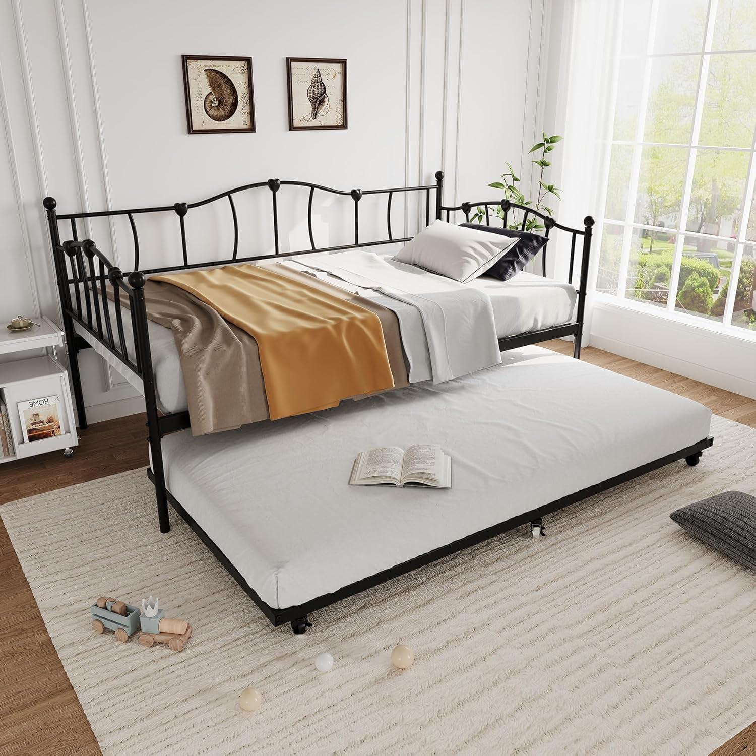 Twin Daybed with Trundle, Metal Sofa Bed Frame, Steel Slat Support ...
