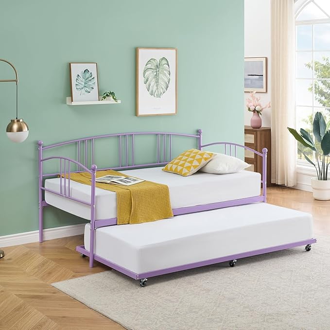 Twin Daybed with Trundle – Purple Metal Daybed with Pullout Trundle, No ...