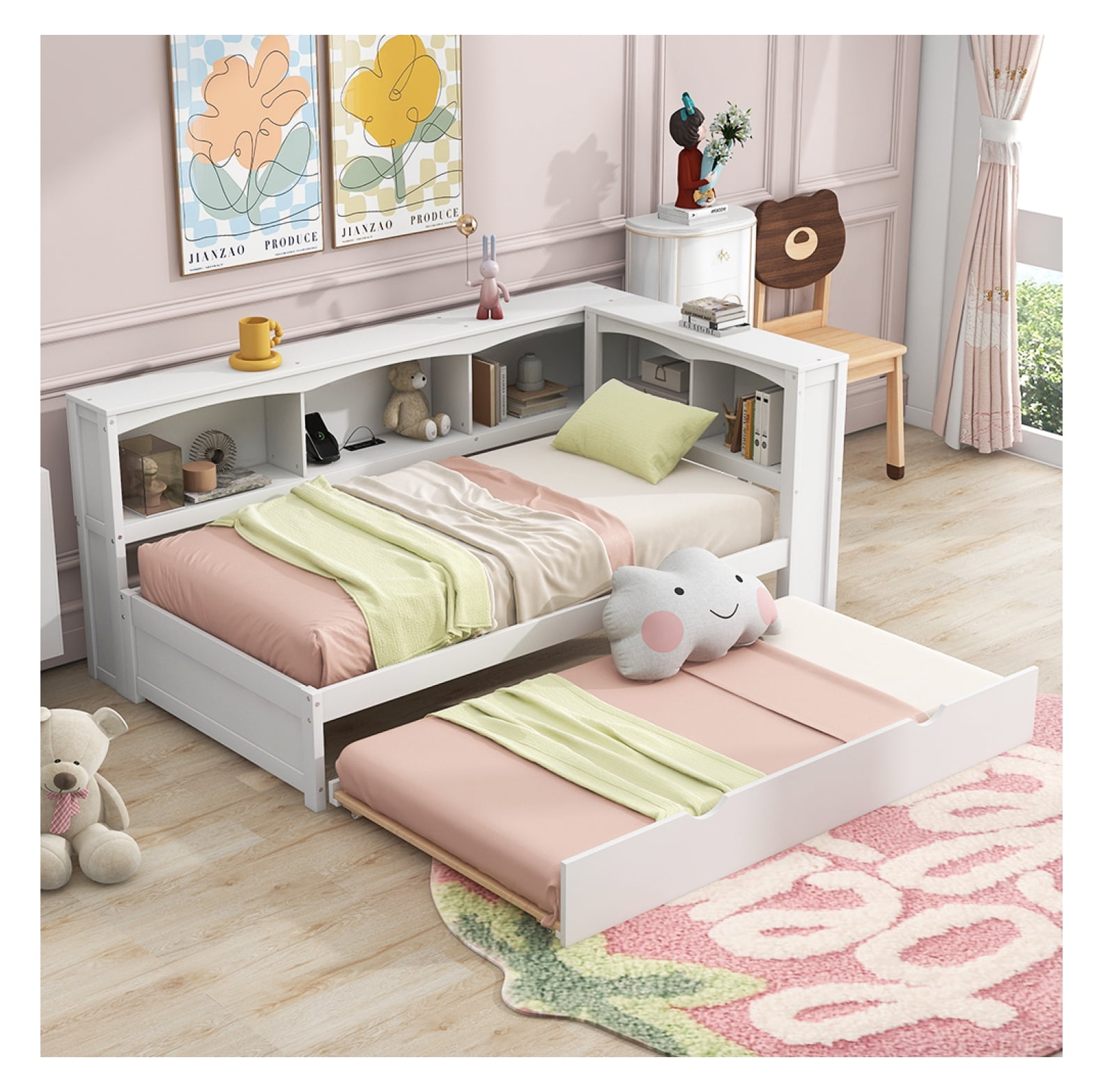 Twin Daybed with Trundle, Storage Cabinets & USB Ports, White, Box ...