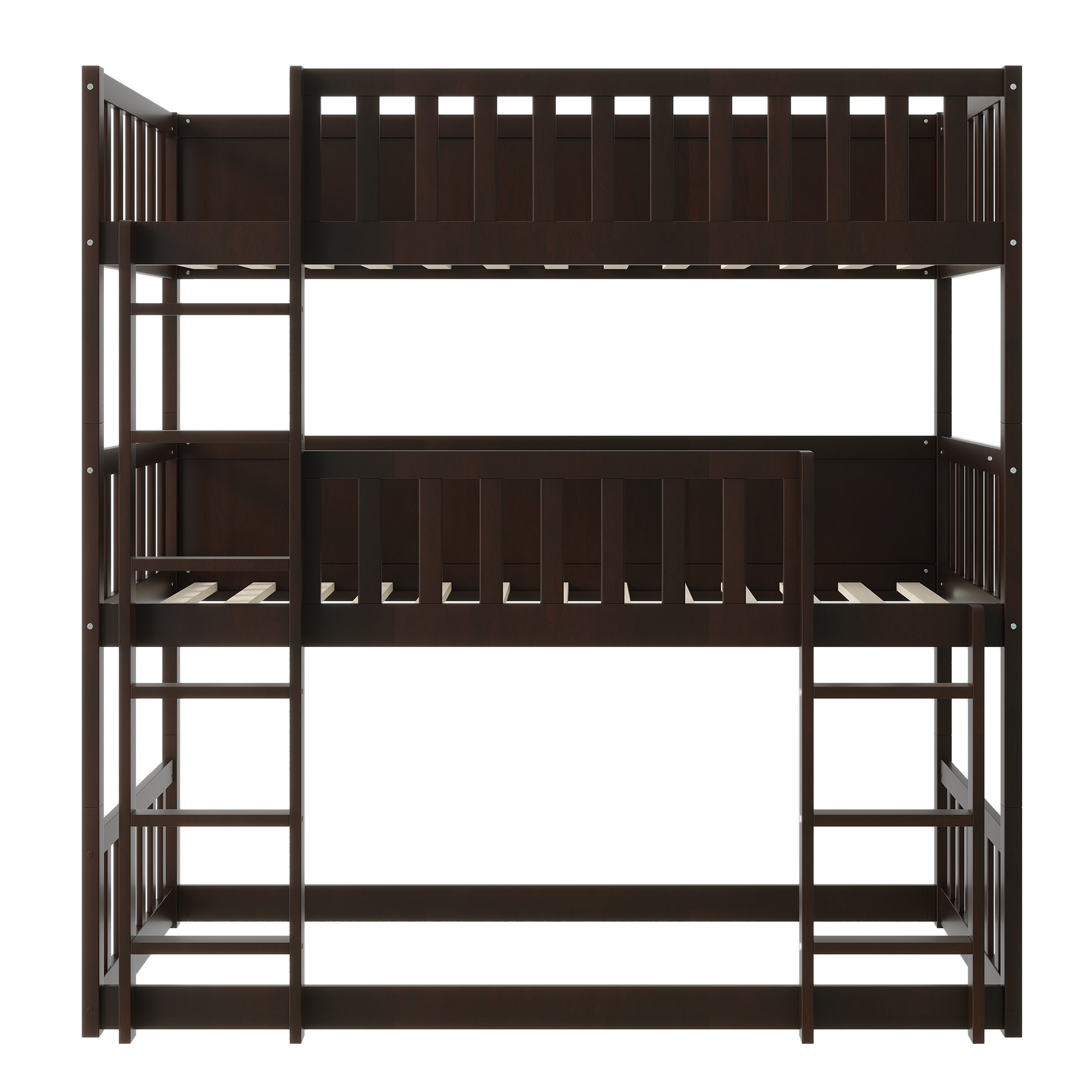 Twin Espresso Rubber Wood Triple Bunk Bed with Ladders & Guardrails ...