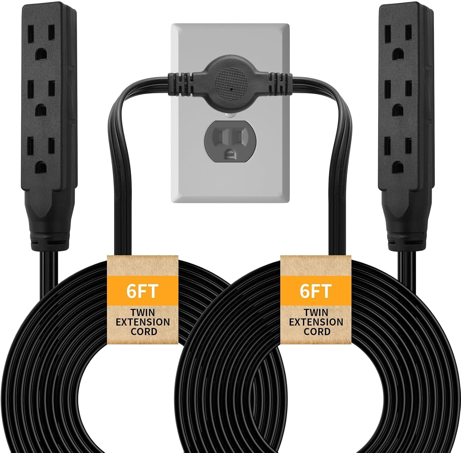 Twin Extension Cord, 12 Ft Flat Wall Plug, 6 Feet on Each Side, 3 Prong ...