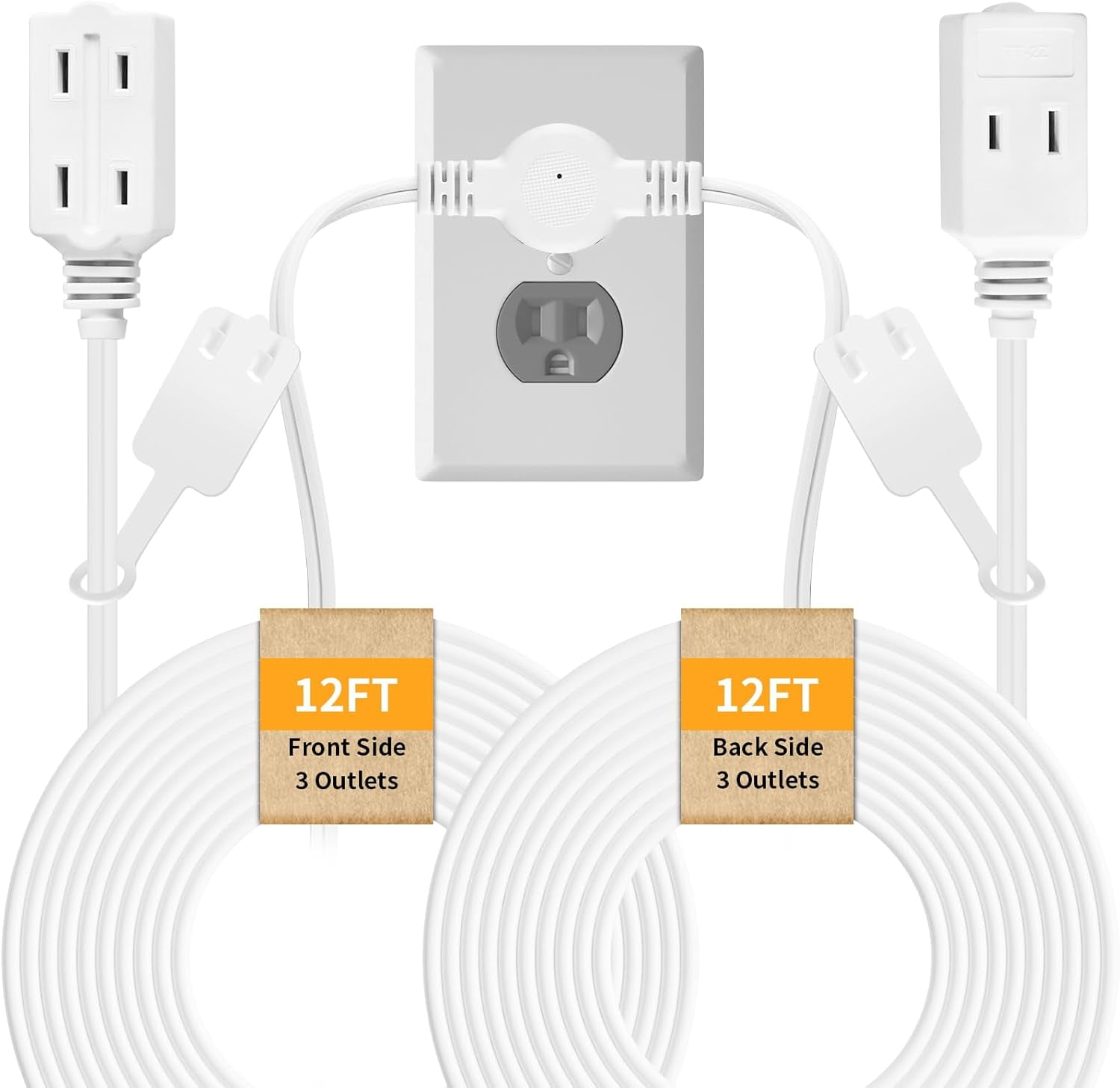 Twin Extension Cord, 24 Ft Flat Wall Plug, 12 Feet on Each Side, 2 ...