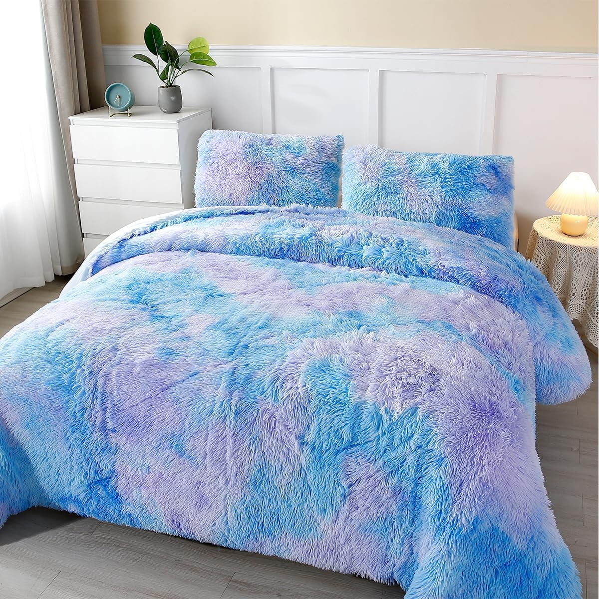 Twin Faux Fur Plush Bedding 3 Piece Soft Fluffy Shaggy Girls Comforter Set Colorful Tie Dye