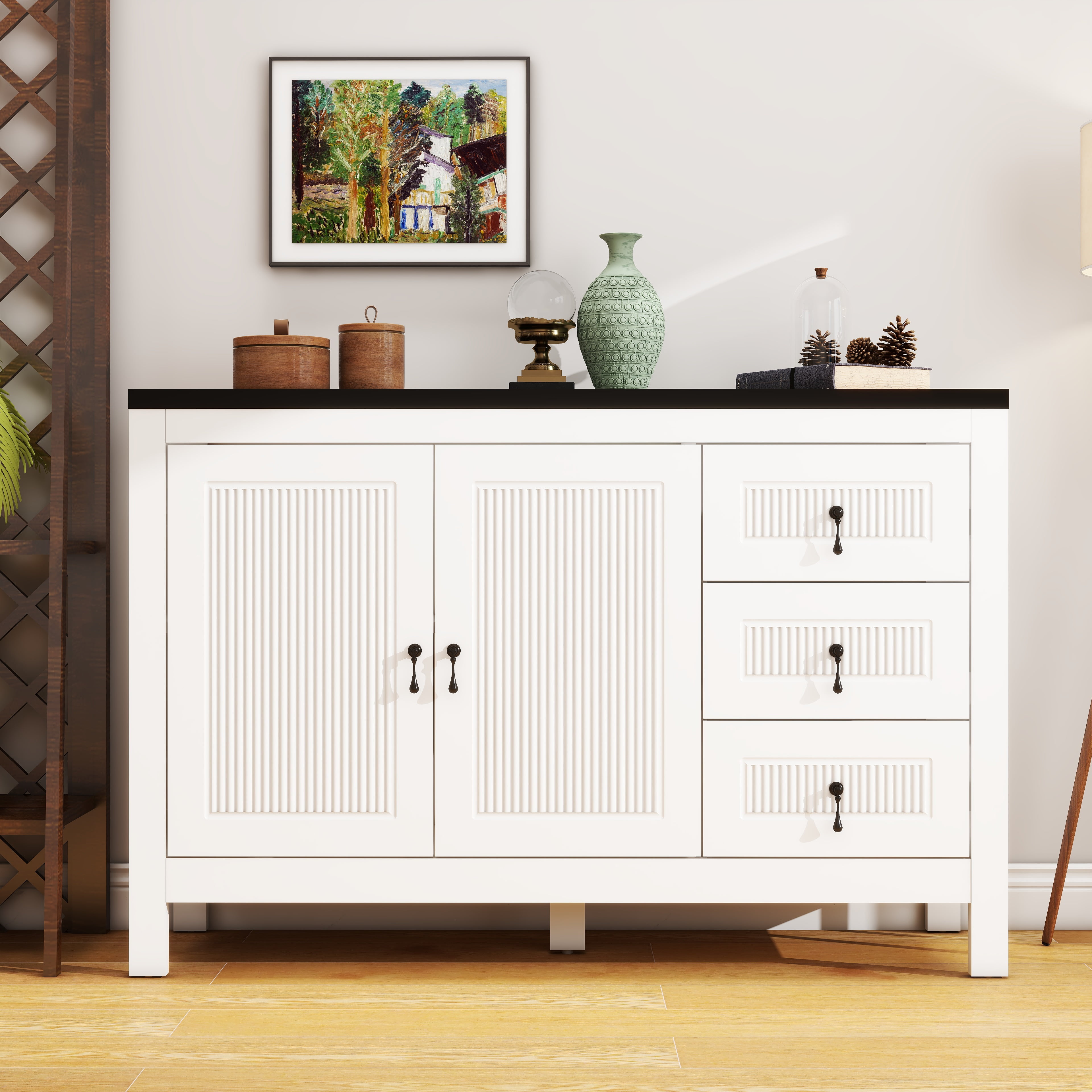 Twin Fins Elegant 48-inch Wide White Sideboard Buffet with 3 Drawers ...