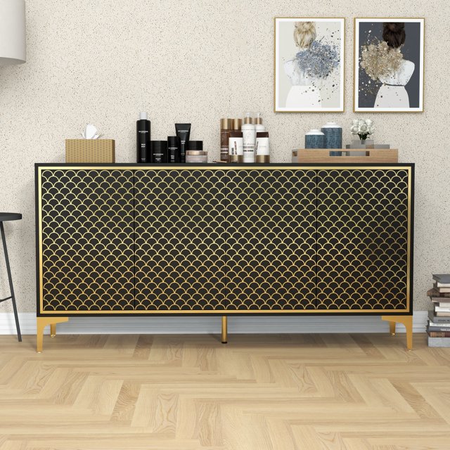 Twin Fins Elegant 63" Wide Black Sideboard Buffet with Gold Accents ...