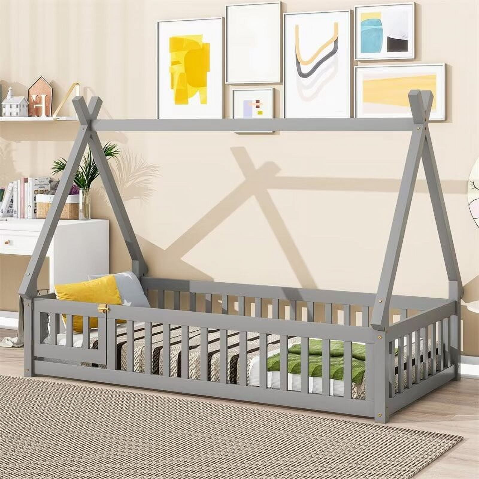 Twin Floor Bed with Fence and Door, Wooden Montessori Bed Frame with ...