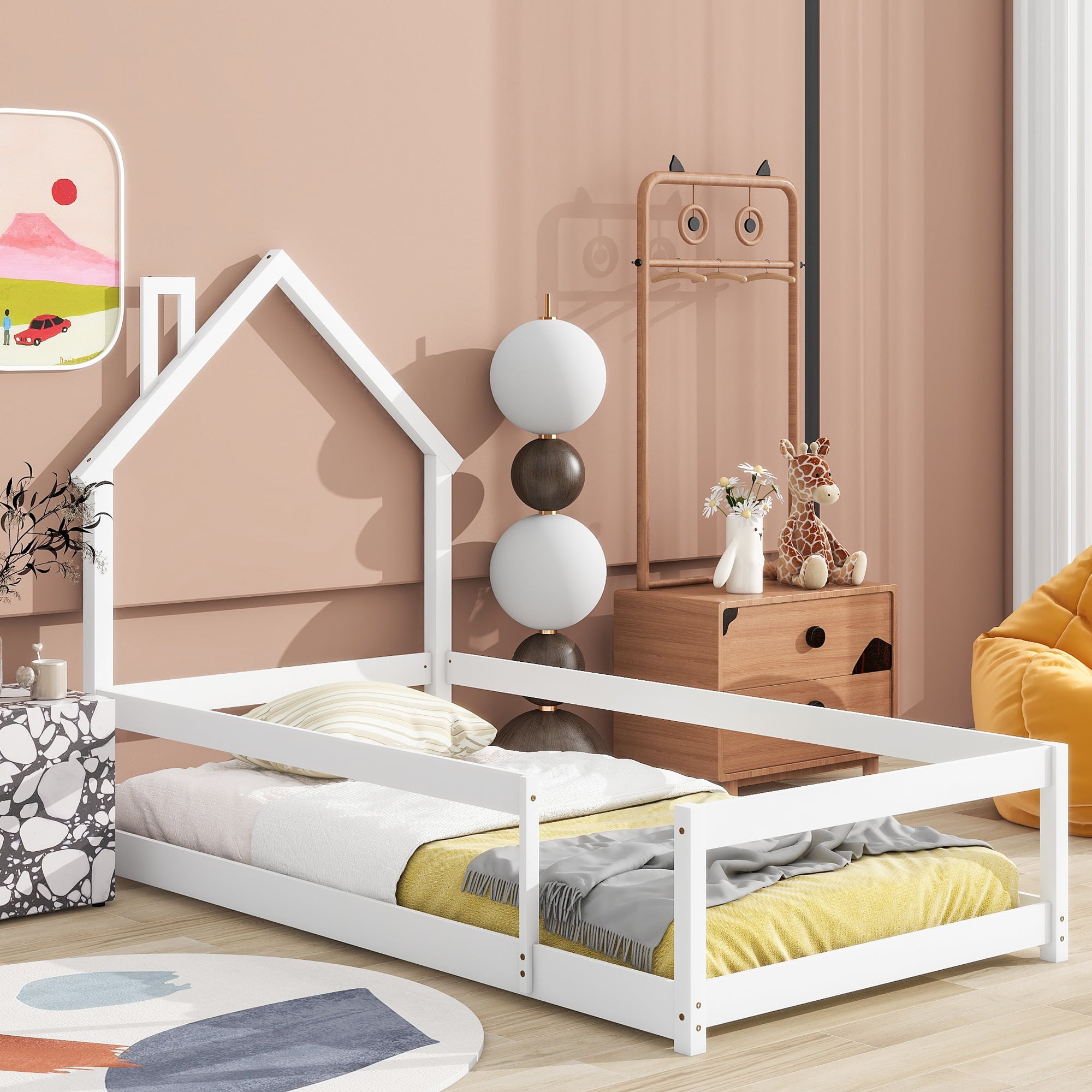 Twin Floor Bed Frame, Wood Montessori Bed with House-shaped Headboard ...