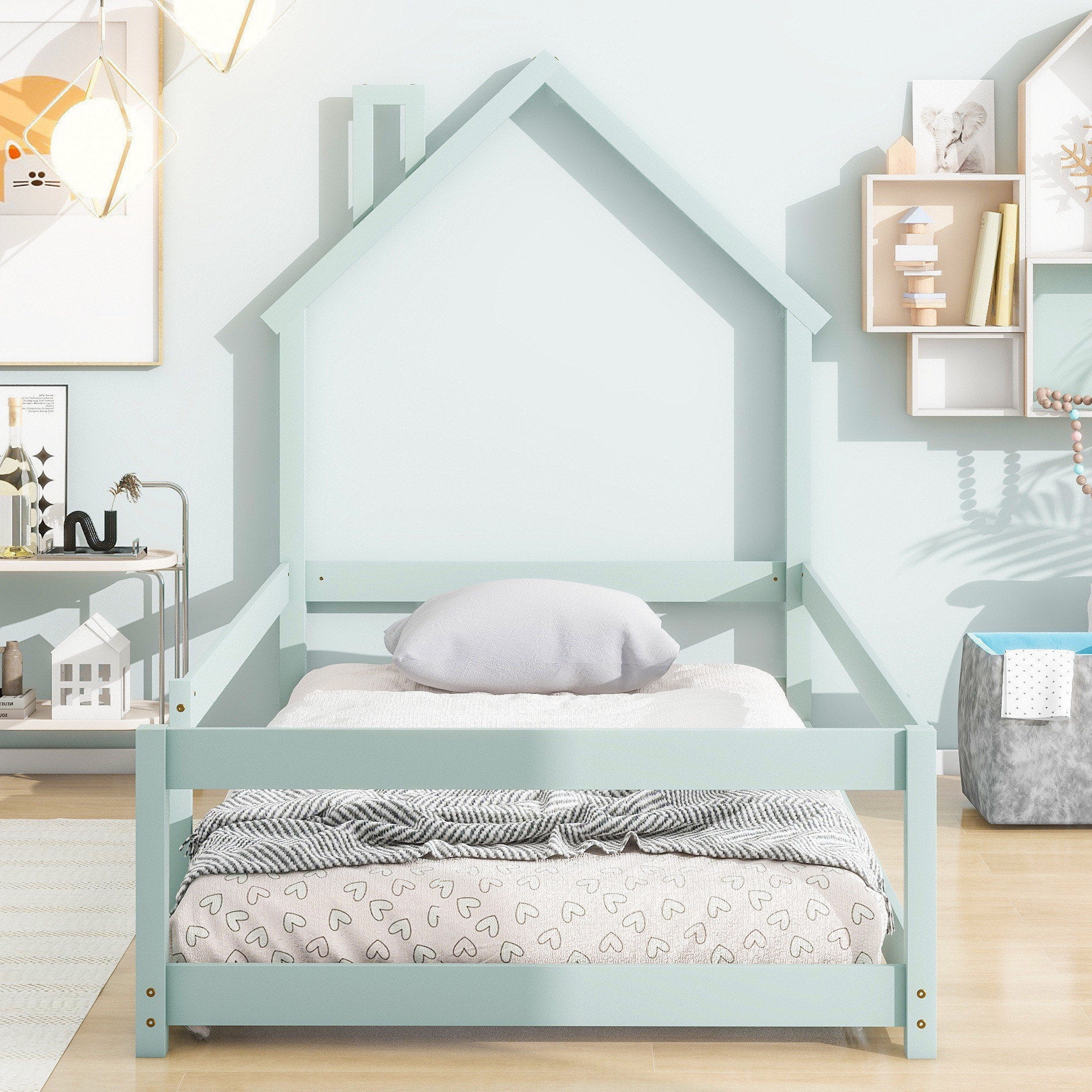Twin Floor Bed Frame, Wood Montessori Bed with House-shaped Headboard ...