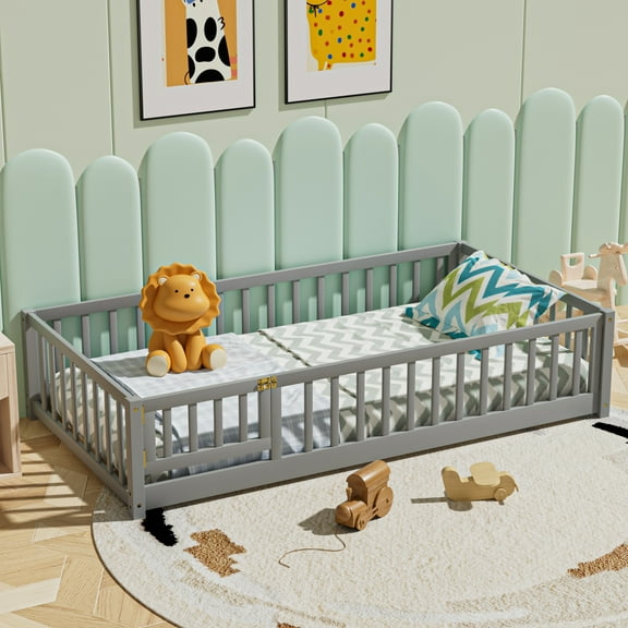 Jopath Twin Size Floor Bed with Slats, Montessori Floor Bed with Fence ...