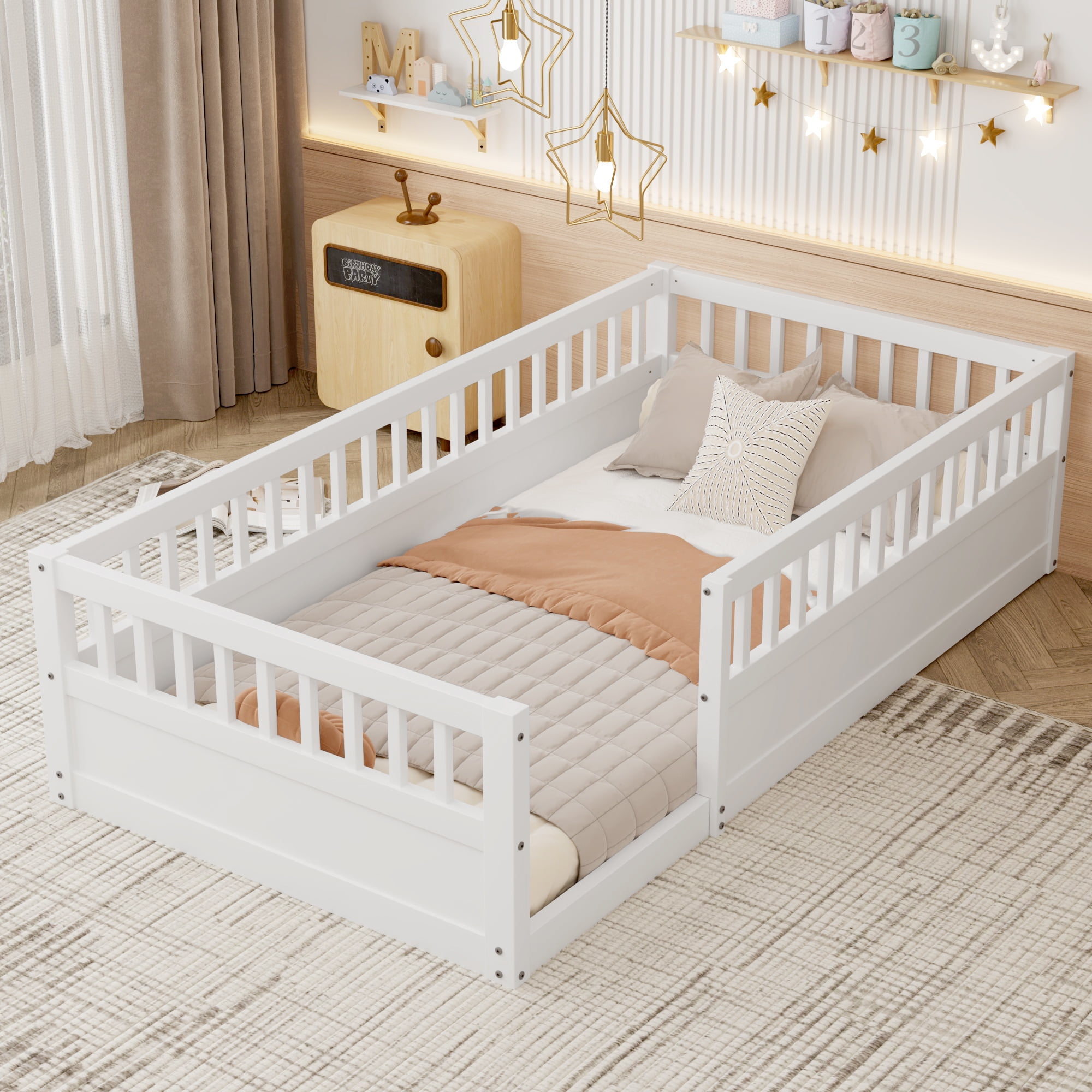 Twin Floor Bed Frame with Fence, Wood Kids Floor Beds Frame for Bedroom ...