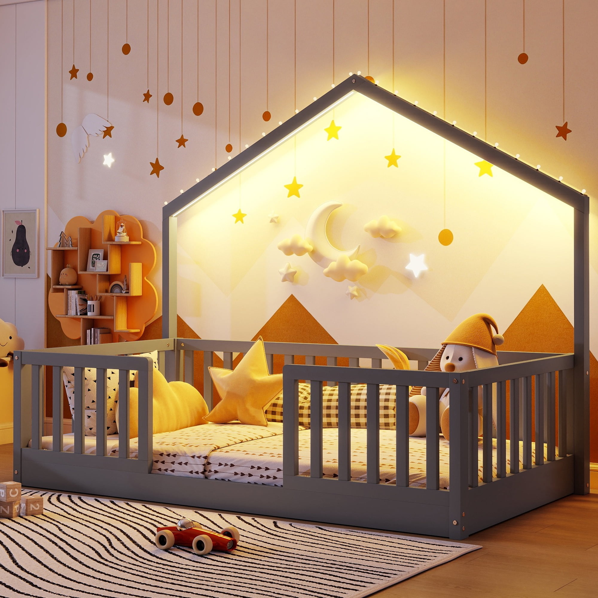 Twin Floor Bed with High Rails, Wooden Montessori Bed Frame with Single ...