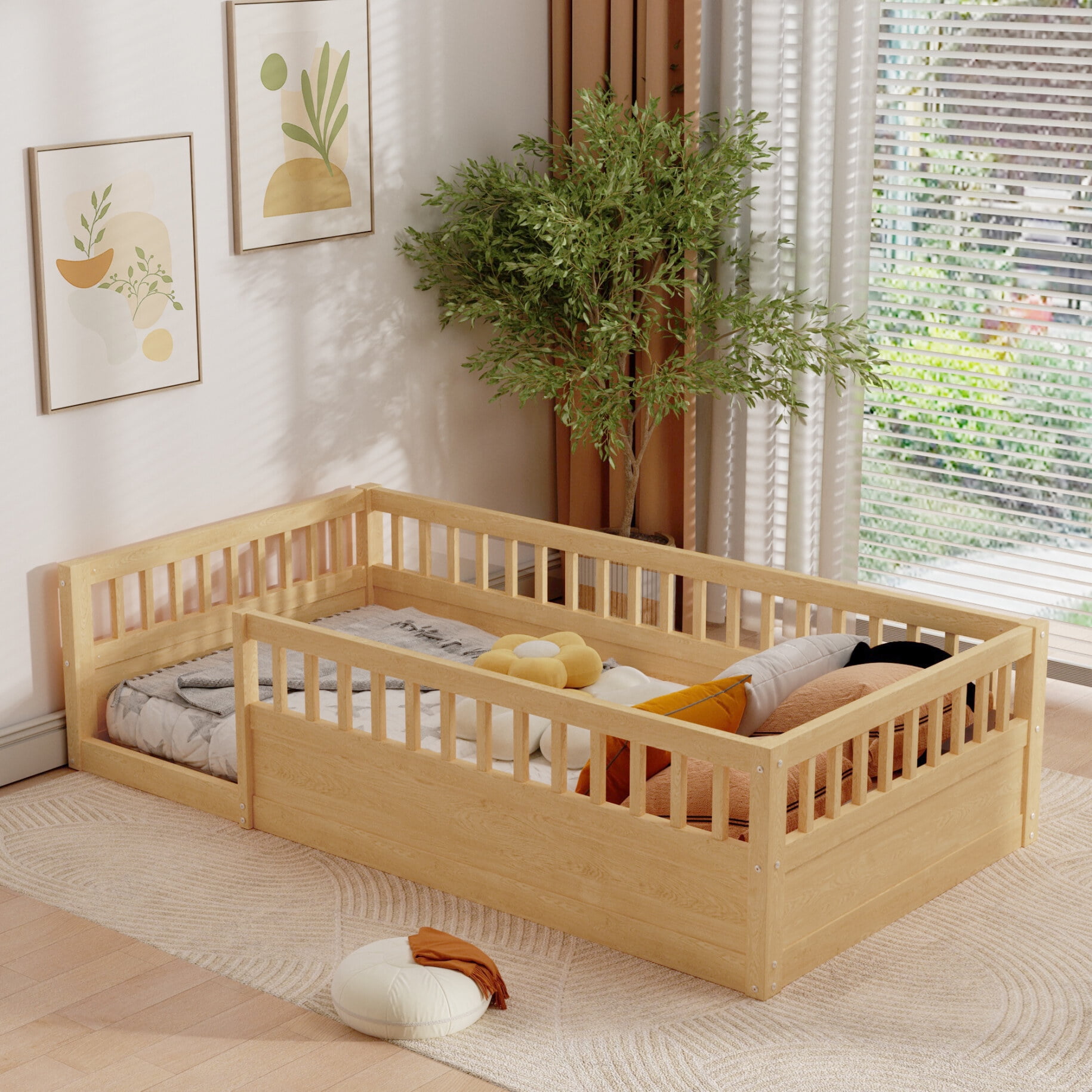 Twin Floor Bed, Montessori Floor Bed with Fence Guardrails, Floor Bed ...