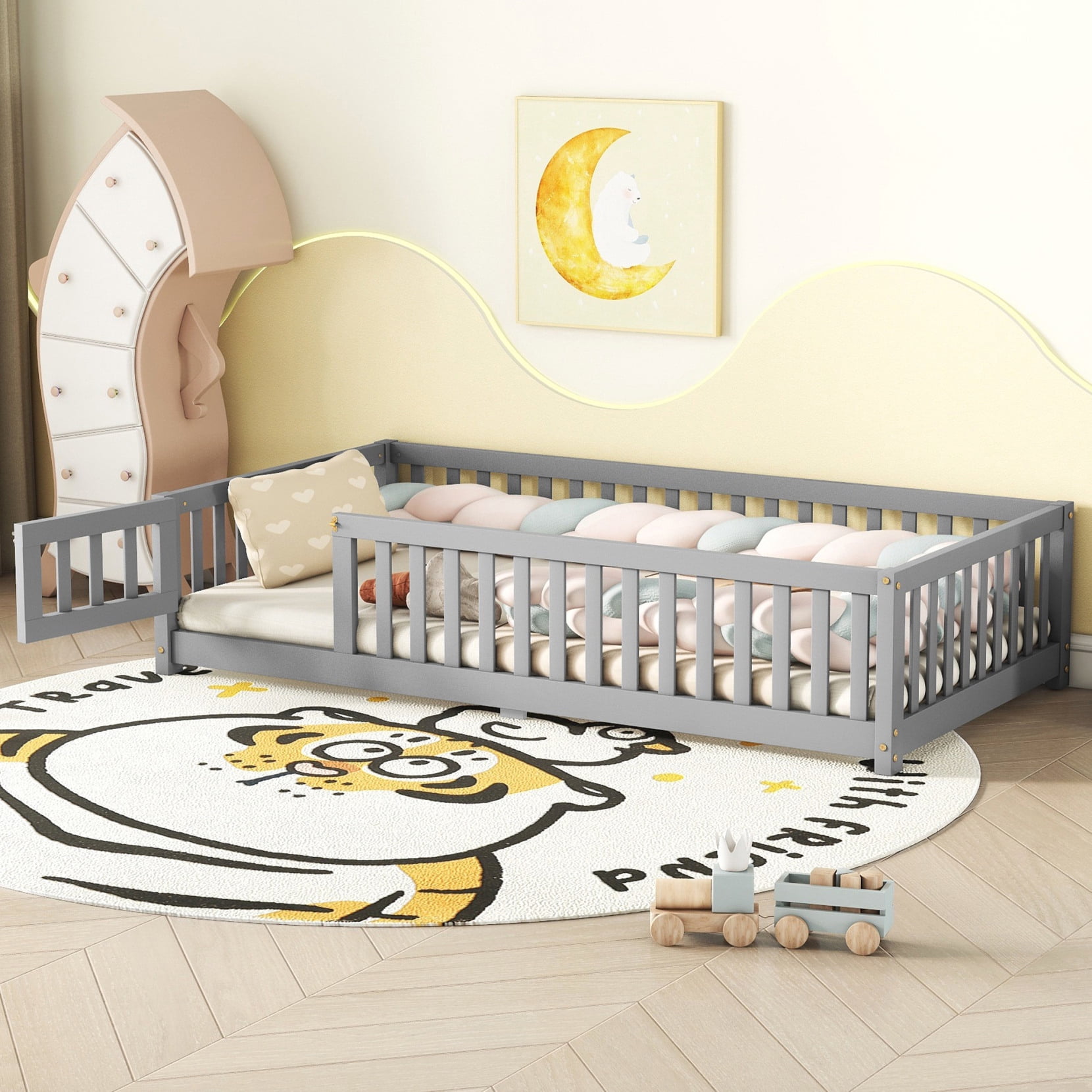 Twin Floor Bed with Slats, Wood Montessori Floor Bed Frame with Fence ...
